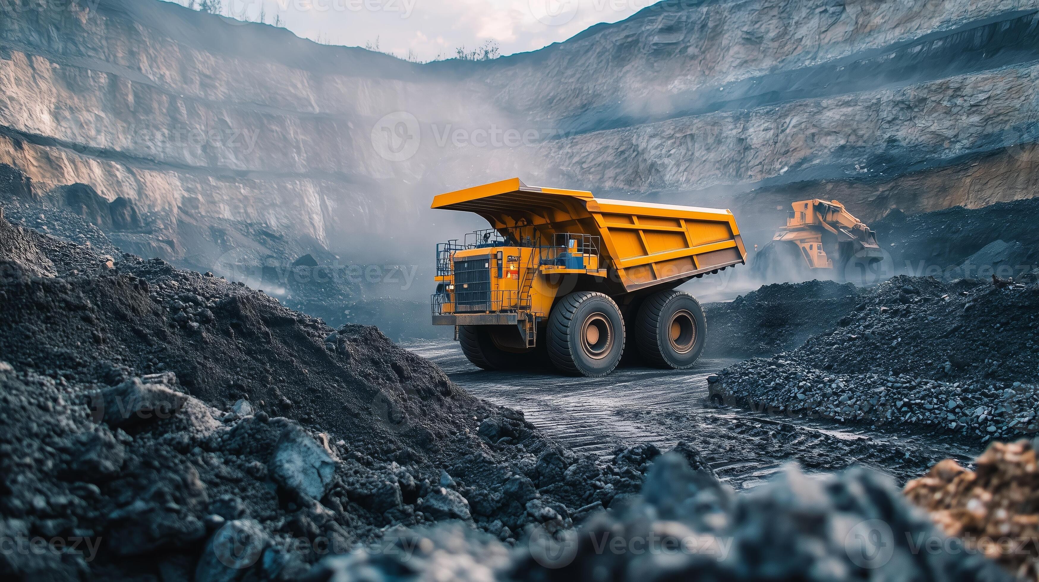 Heavy dump truck transporting coal in a large open-pit mining site ...