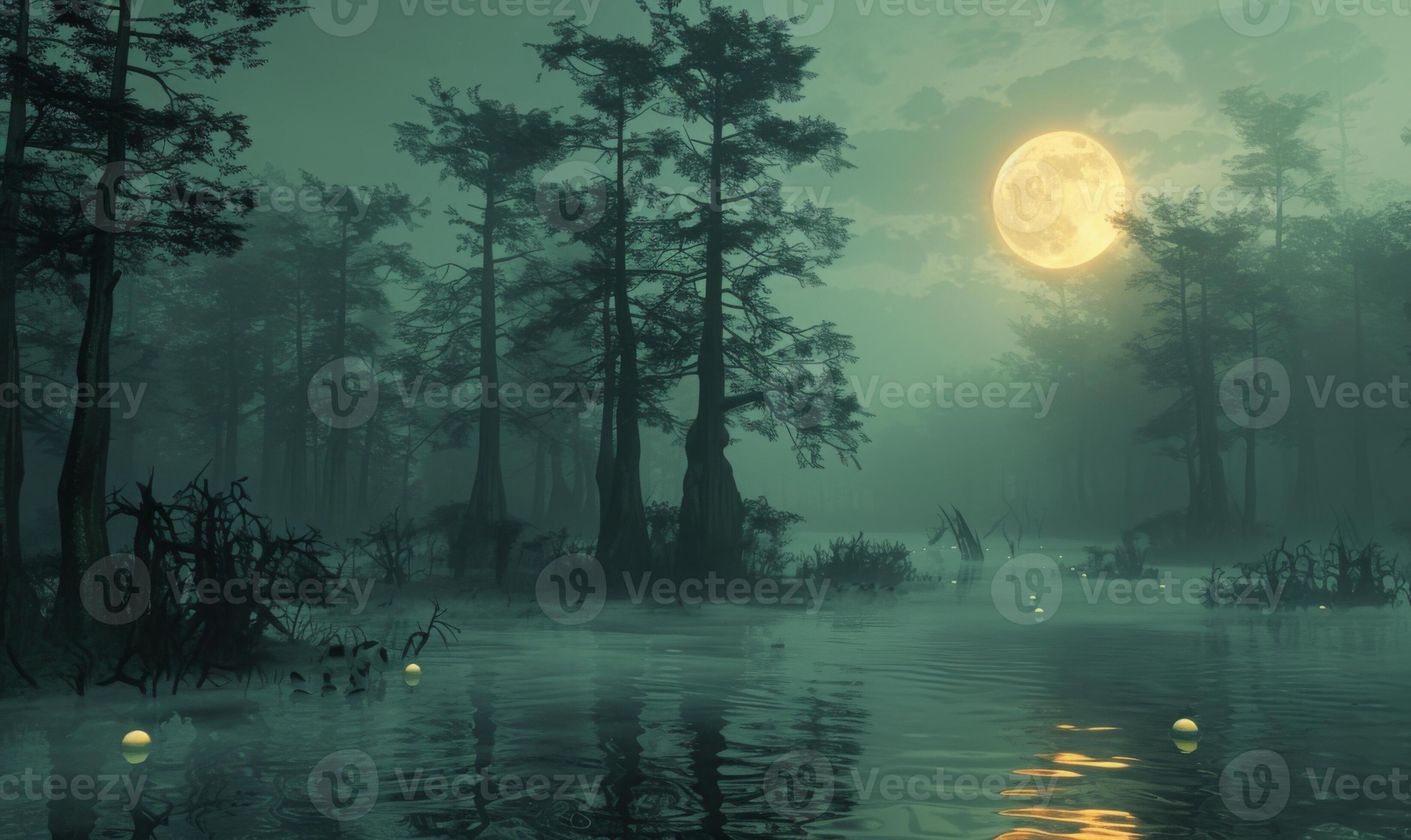 A foggy, moonlit swamp with eerie trees and glowing orbs, with plenty of space on the left for ...