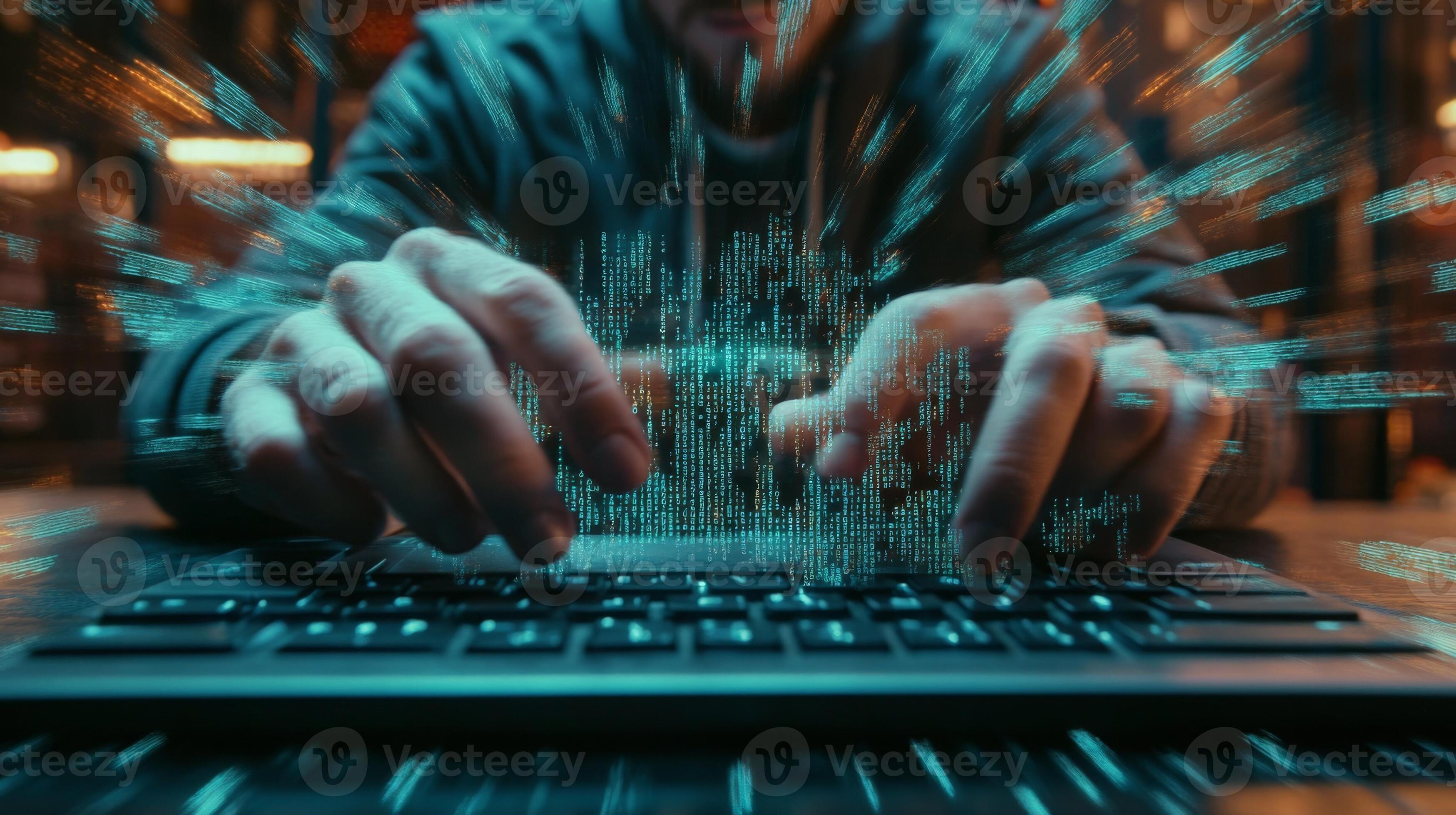 A programmer typing rapidly on a keyboard, surrounded by digital code 50692805 Stock Photo at ...