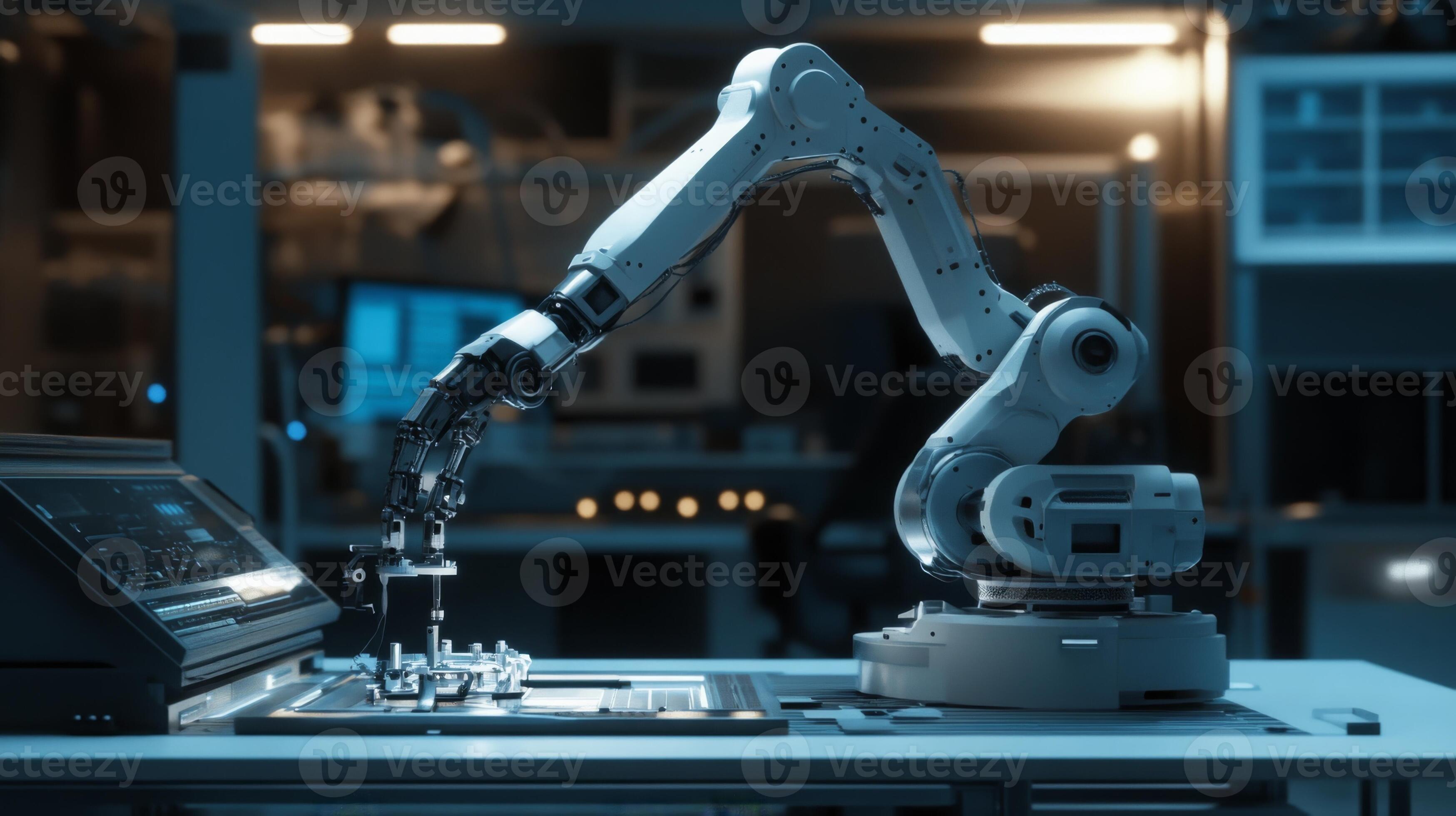 Advanced robotic arm performing precise assembly in a high-tech lab ... Advanced robotic arm performing precise assembly in a high-tech lab ...