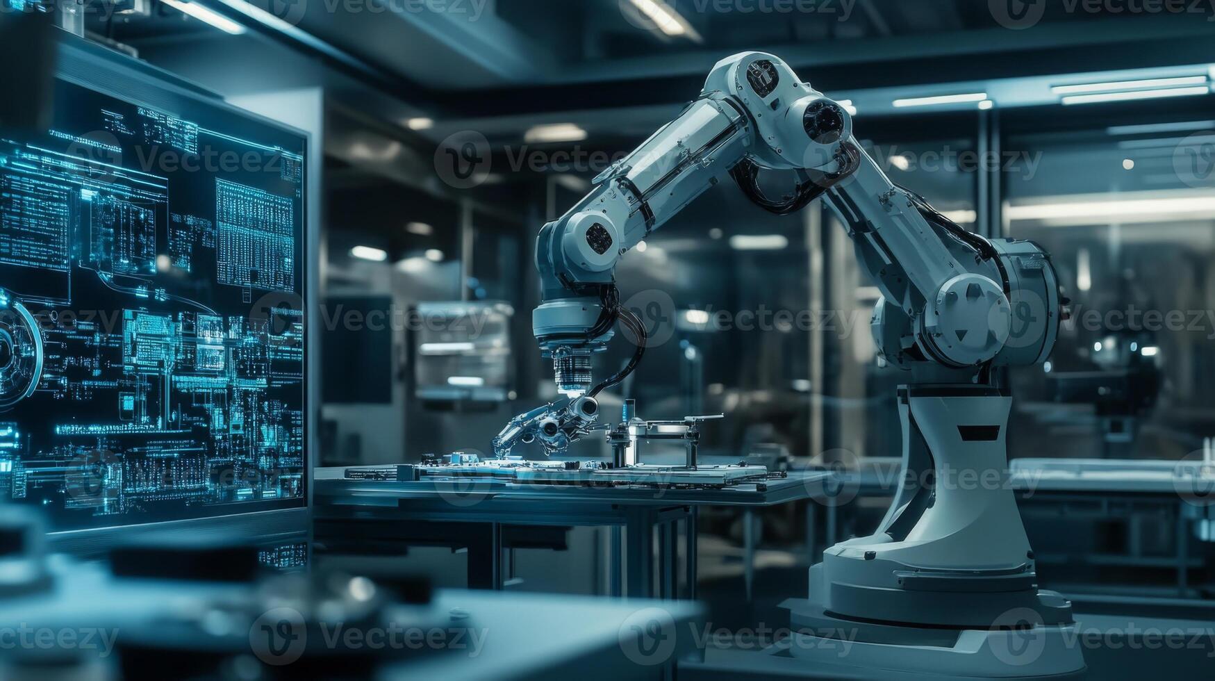 Advanced robotic arm performing precise assembly in a high-tech lab ... Advanced robotic arm performing precise assembly in a high-tech lab ...