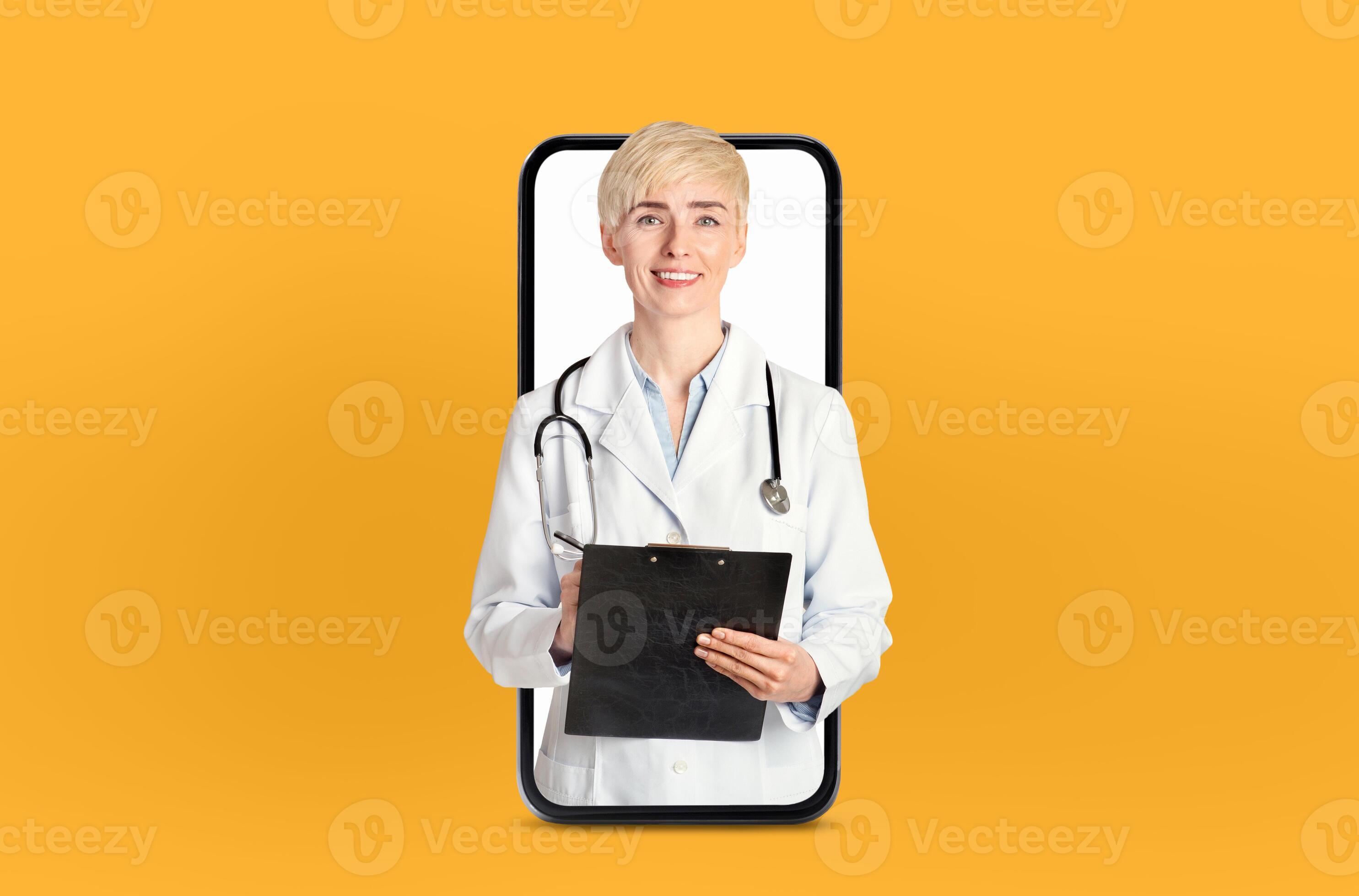 Mature woman doctor provides digital health services, seen inside the blank screen of a ...