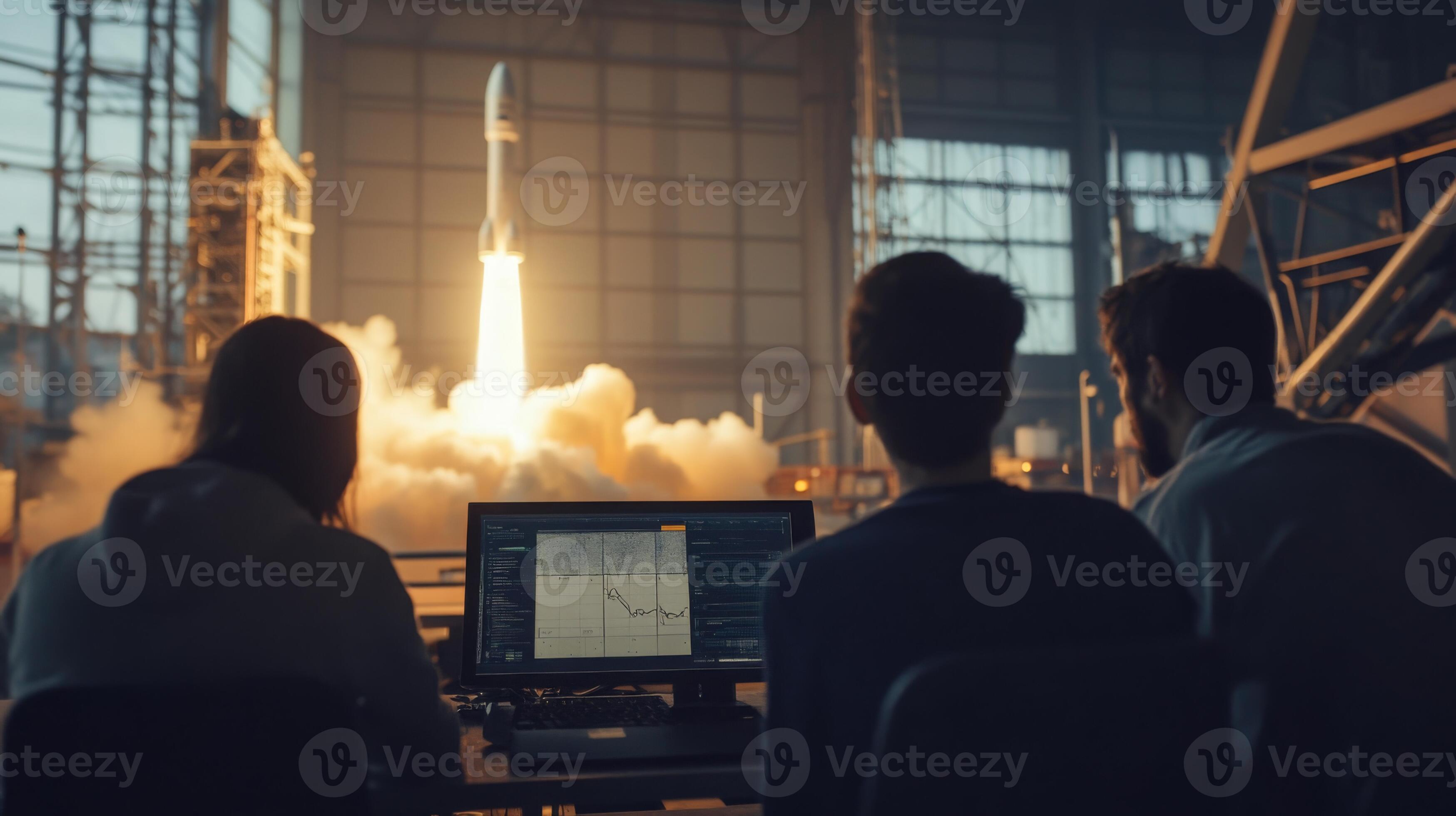 As the rocket lifts off into the sky, engineers observe its ascent from a control room filled ...