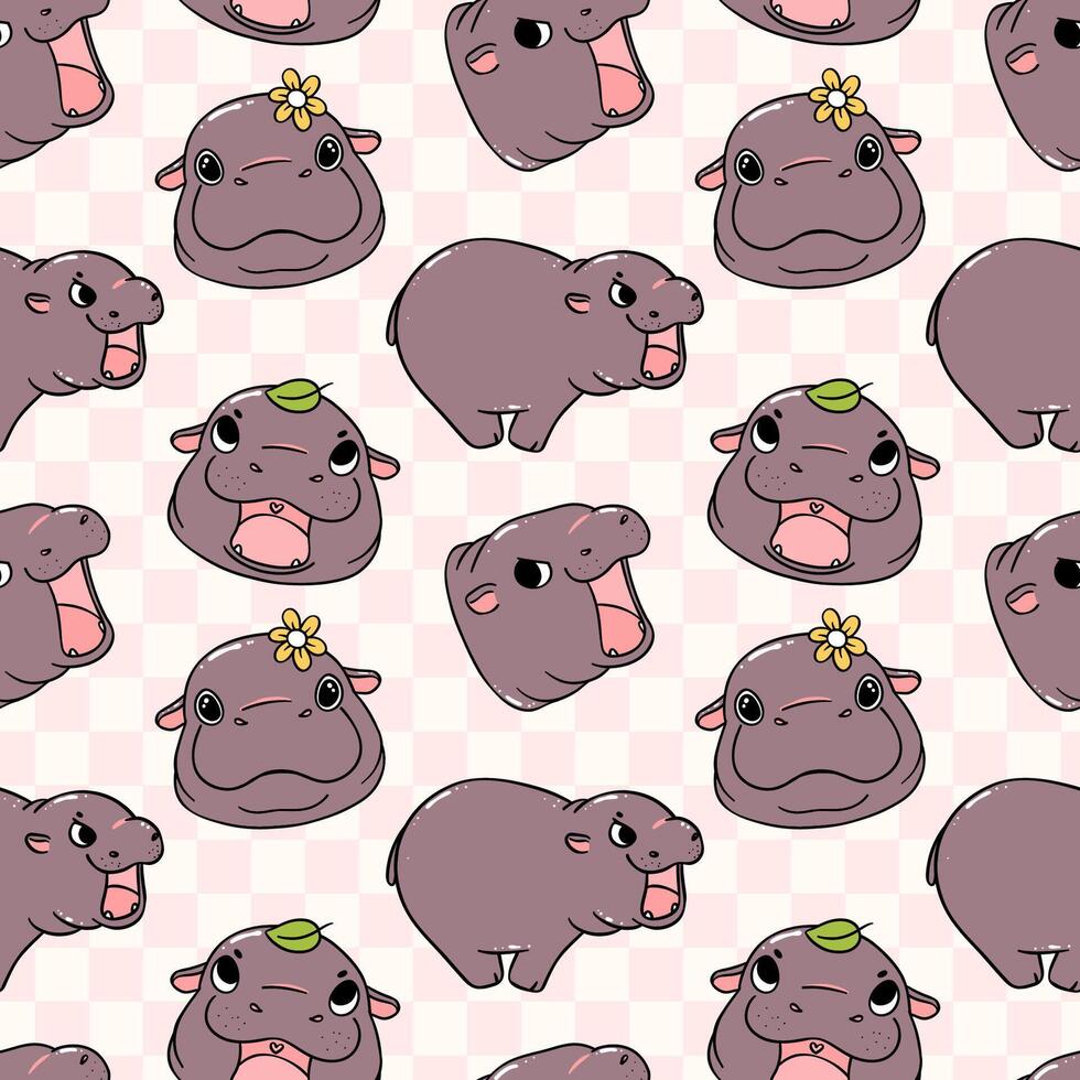 cute grumpy baby pygmy hippo moo deng cartoon seamless pattern isolated ...