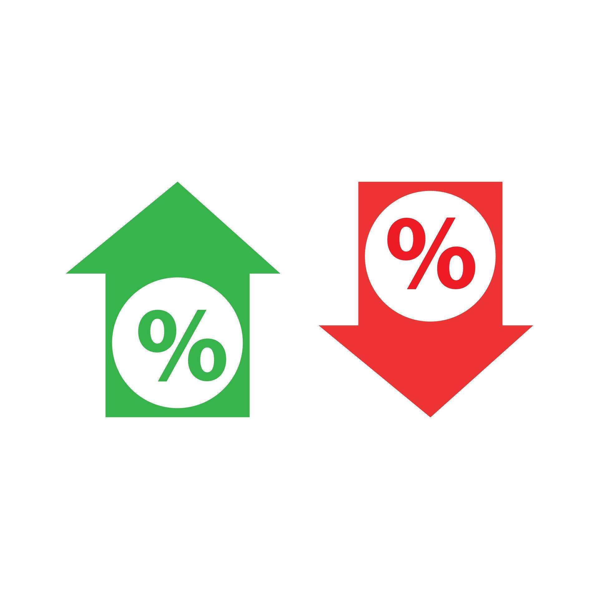 Percent arrow icon. Growth, increase, decrease arrow filled icons. Up arrows, down arrows ...