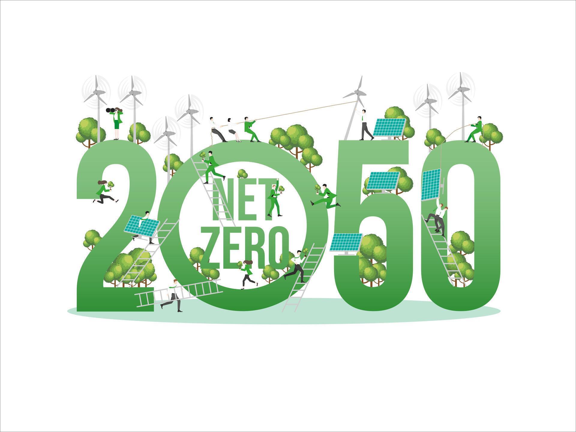 Employees collaborating for target goal in the year 2050. ESG sustainability business policy ...