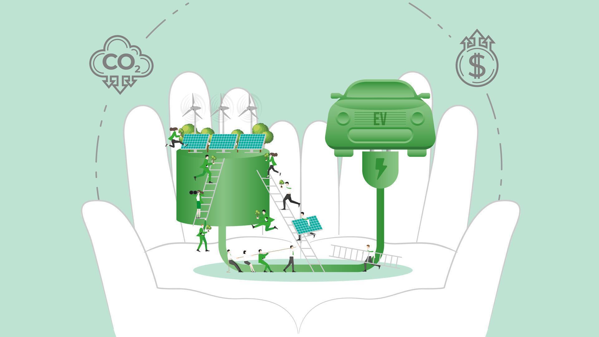 ESG policy Electric Vehicle in hands. Carbon credit calculate from reduce carbon footprint and ...