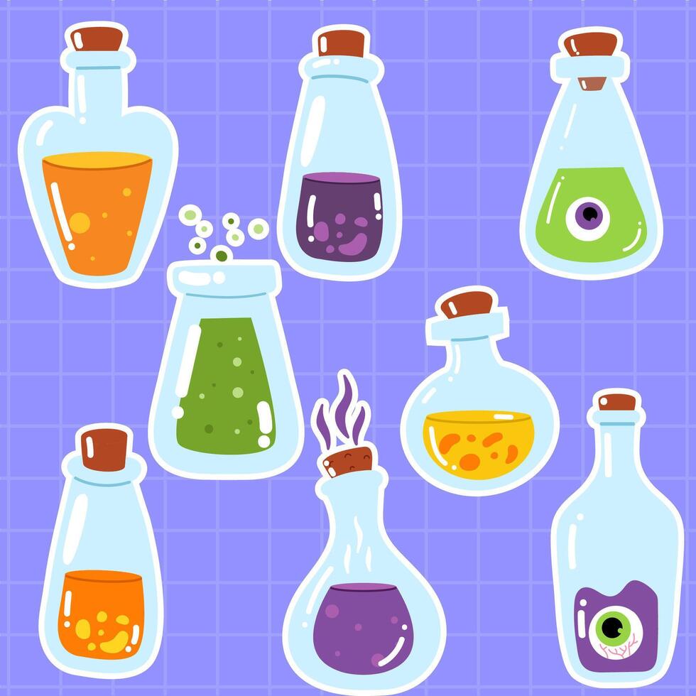 poción botellas con vistoso magia elixir pegatinas colocar. vaso matraces con veneno en mano ...