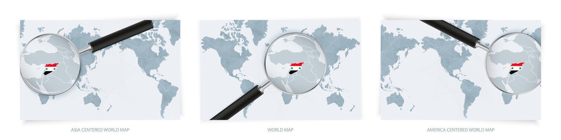 Blue Abstract World Maps with magnifying glass on map of Syria with the national flag of Syria ...