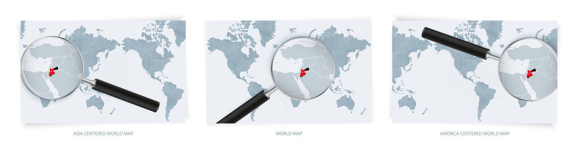 Blue Abstract World Maps with magnifying glass on map of Jordan with the national flag of Jordan ...