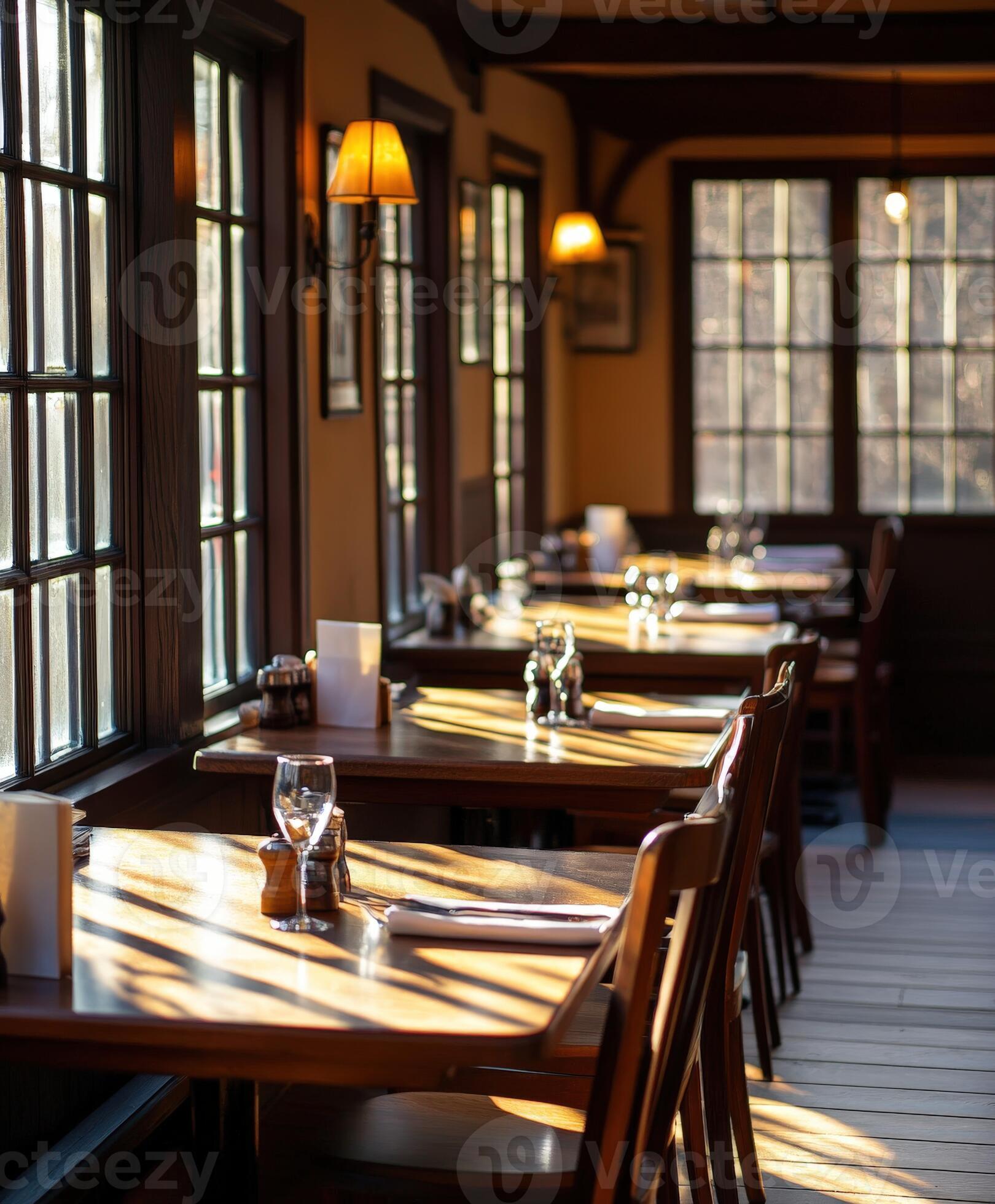 Cozy empty restaurant with sunlit wooden tables in a rustic setting 50783008 Stock Photo at Vecteezy