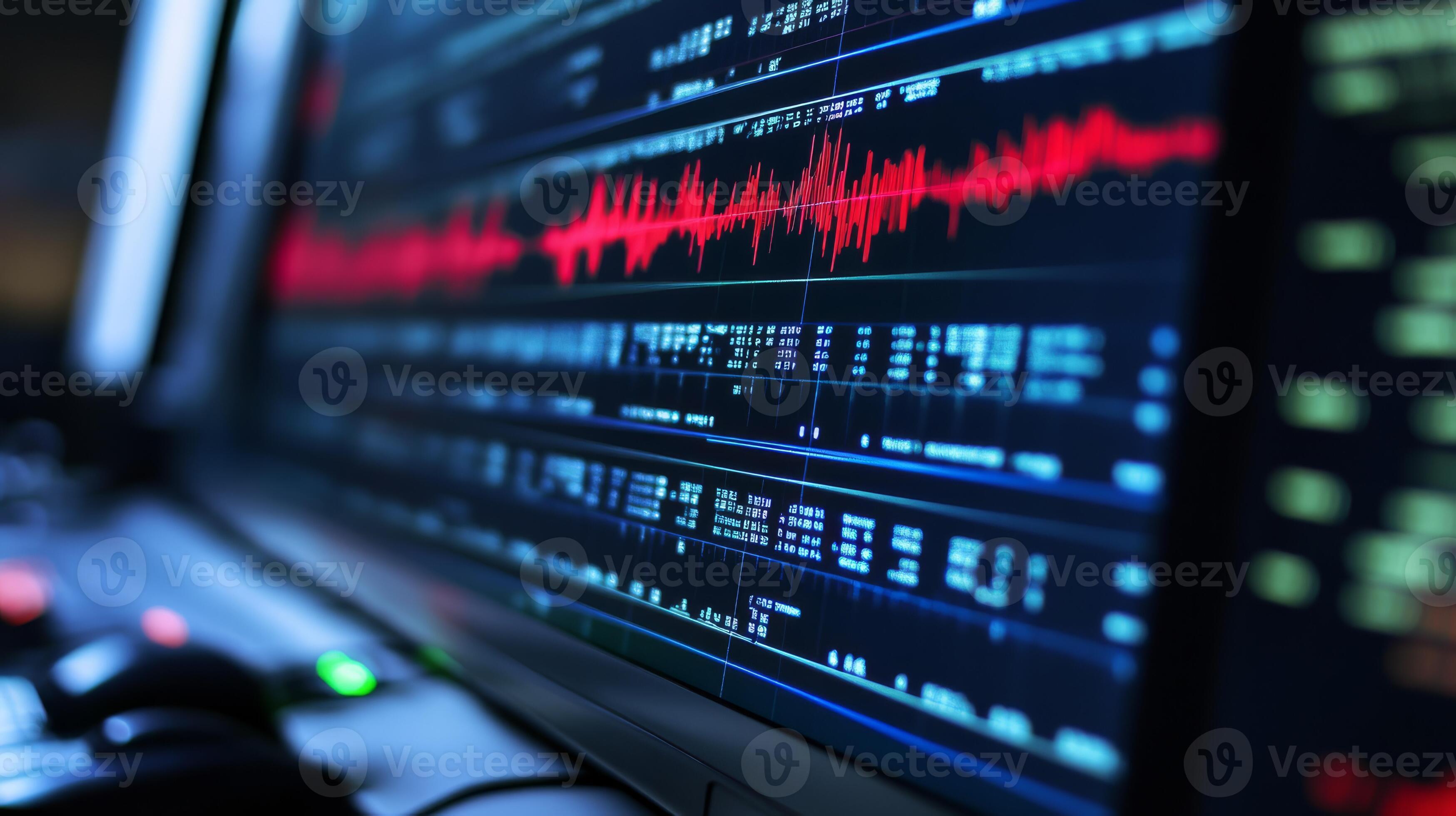 This image shows a closeup of a seismograph displaying realtime earthquake data, with vivid red ...