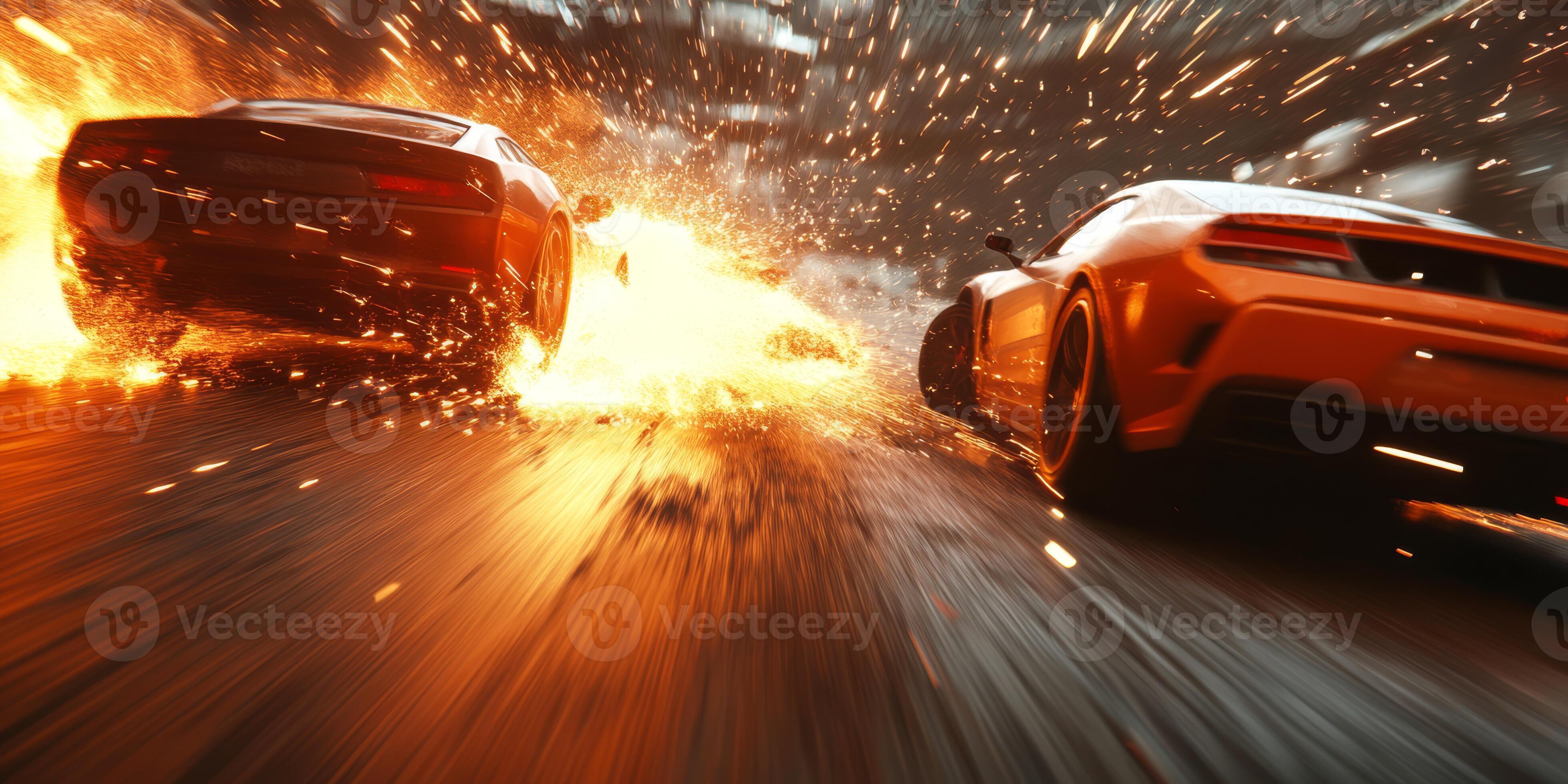 A thrilling wideangle view captures the dramatic moment of two cars colliding in an explosive ...