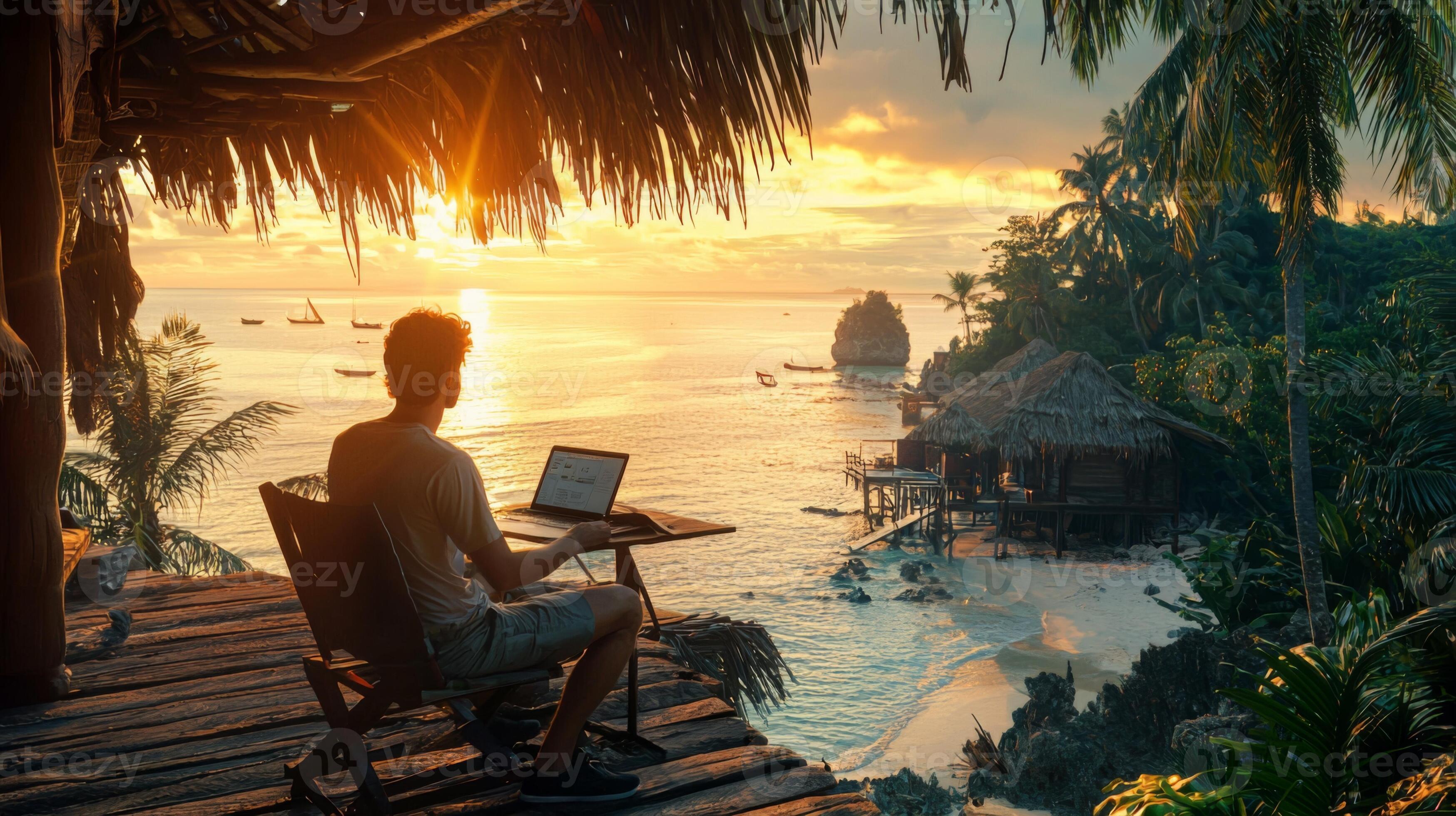 Digital nomad working remotely in exotic location. Remote work concept ...