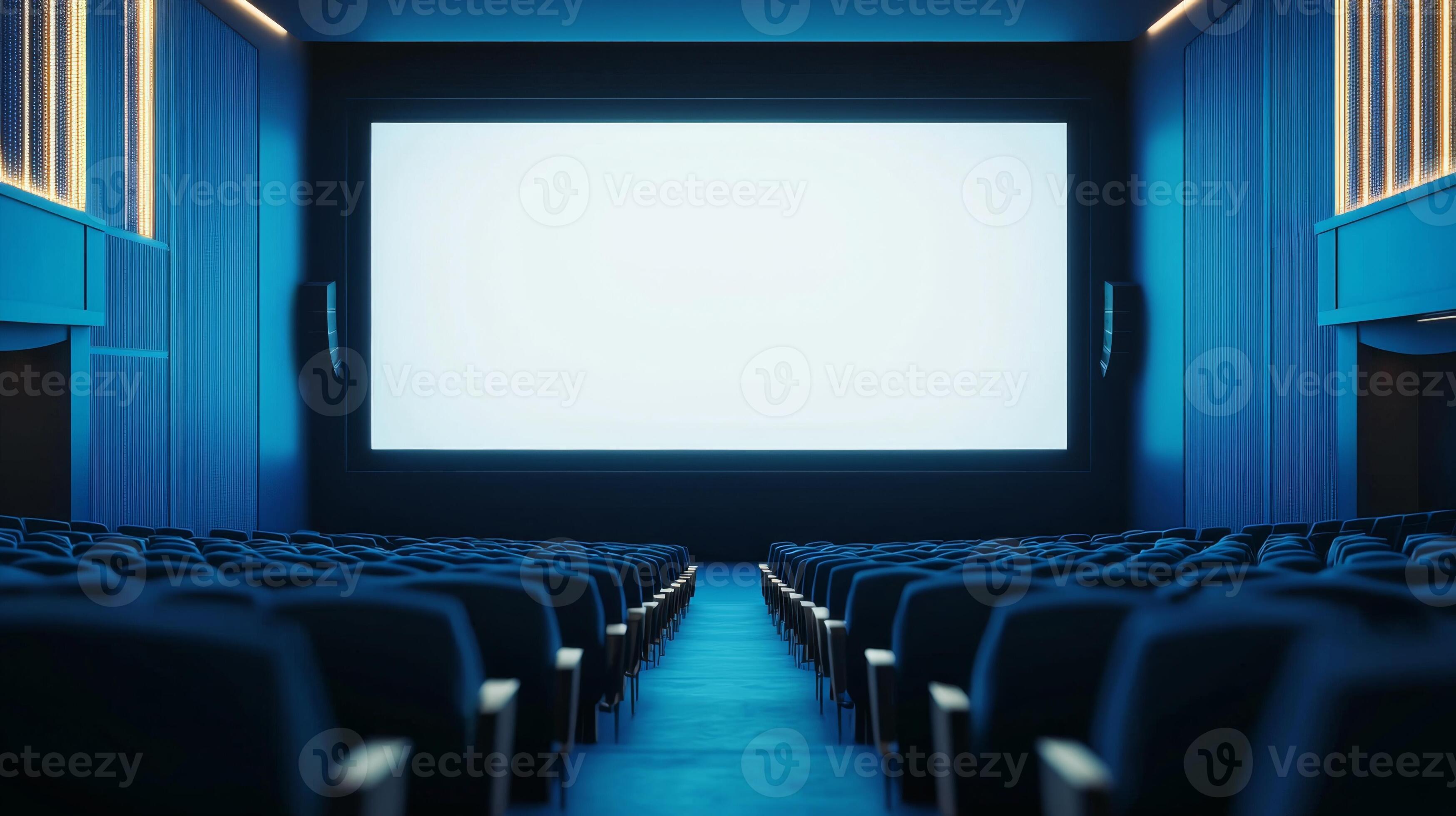 Empty cinema auditorium in blue color with white blank screen. Mockup of hall 50808625 Stock ...