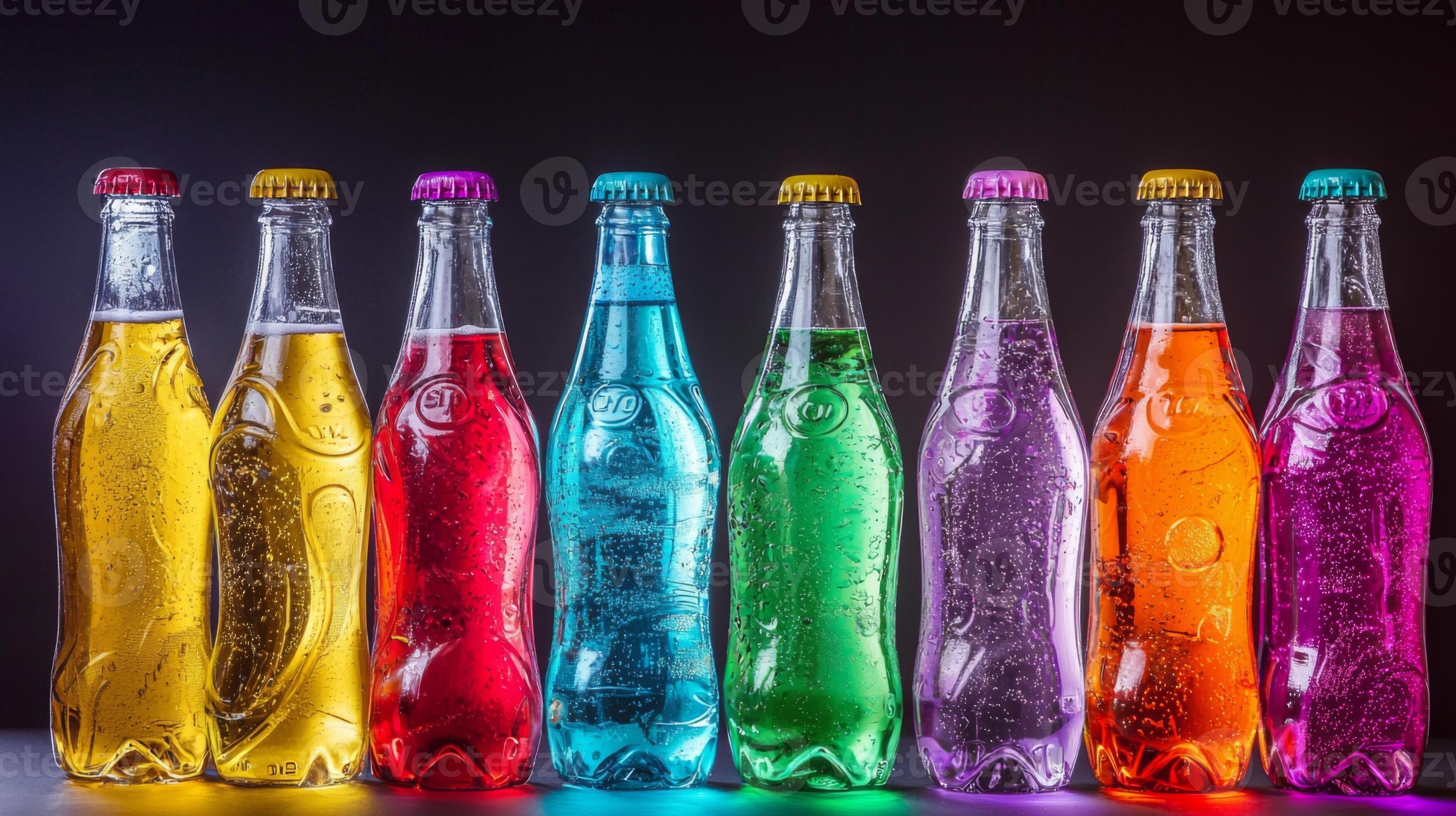 Colorful soda bottles arranged for a party. Vibrant Glass Soda Bottles, assorted soda bottles ...