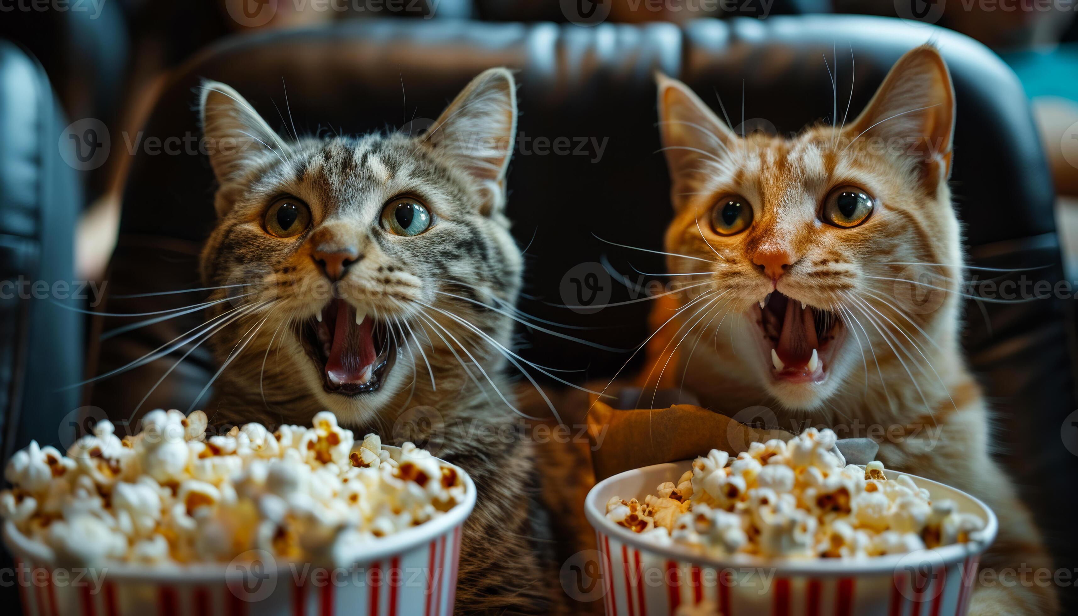 Cats enjoying popcorn at a movie night together. Two excited cats sit in a cozy theater seat ...
