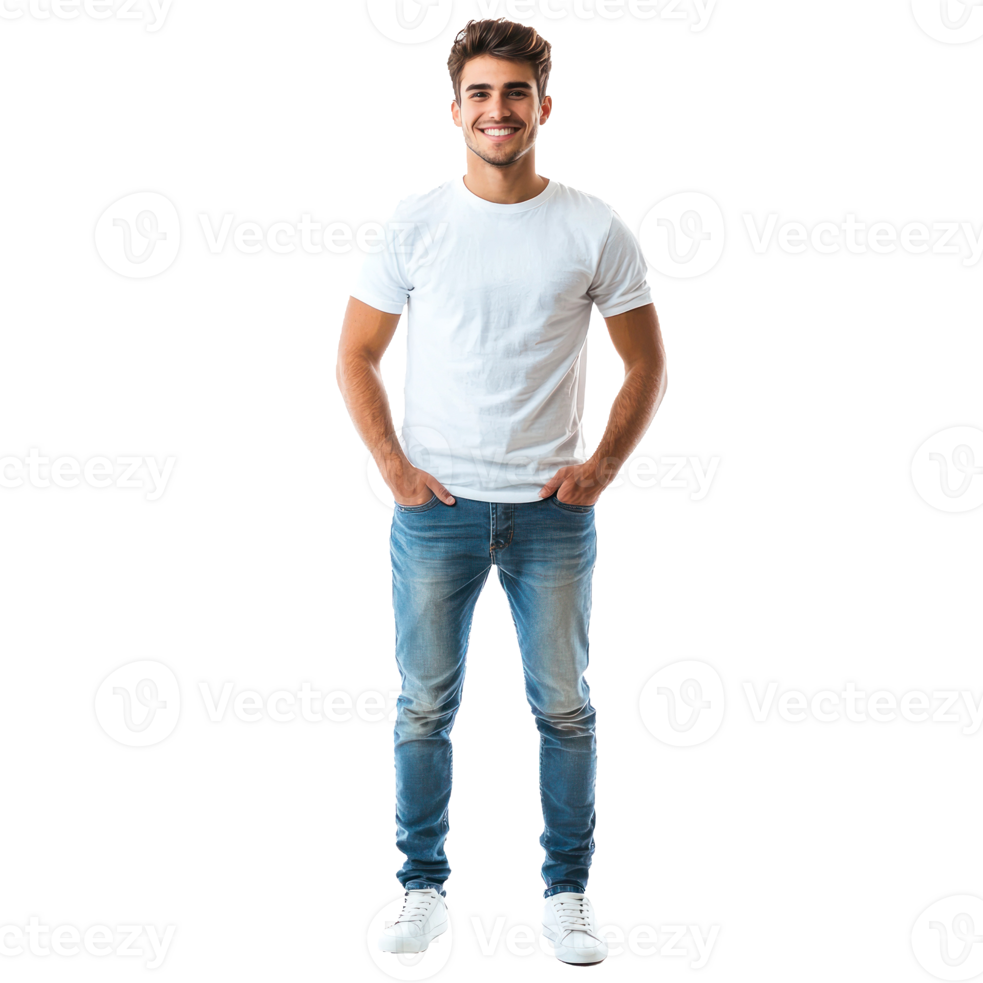 Smiling young man standing with hands in pockets, standing front view ... Smiling young man standing with hands in pockets, standing front view ...