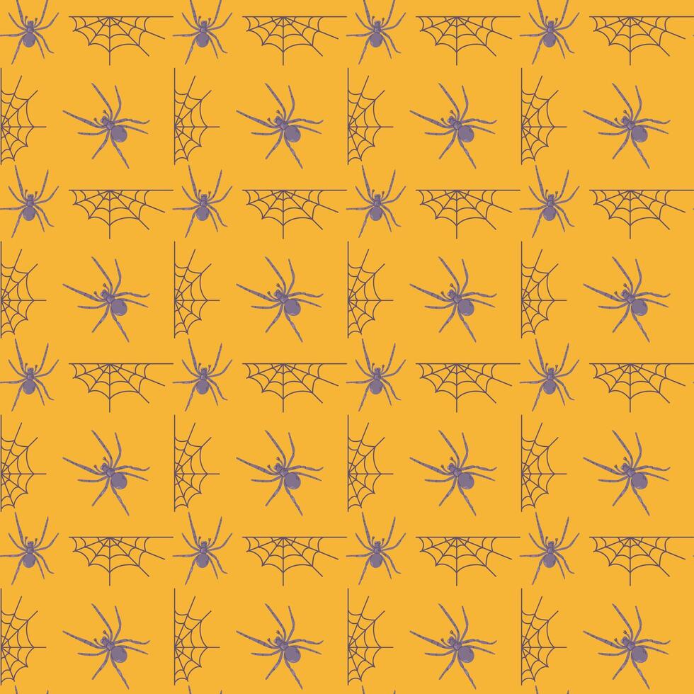 Yellow Halloween seamless pattern with hand drawn spider web and spider ...