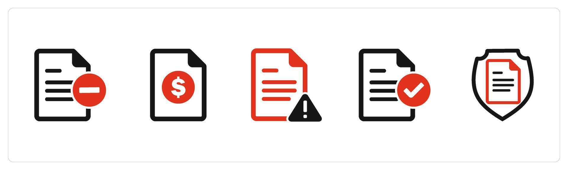 A set of 5 Document icons as right document, invoice, page error ...