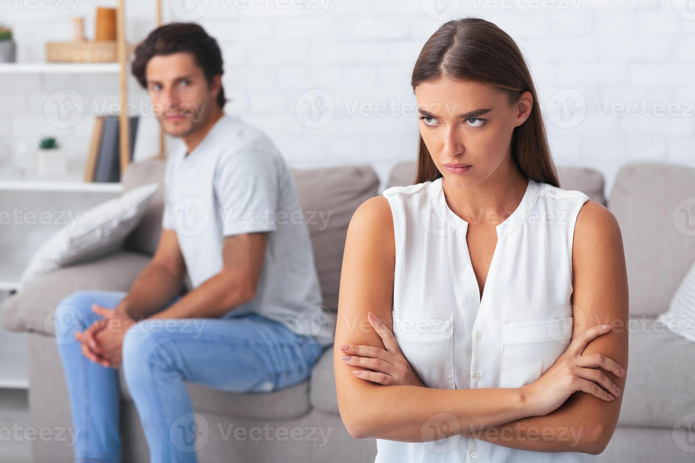 After Quarrel. Angry Woman Standing Crossing Hands Dissatisfied With ...