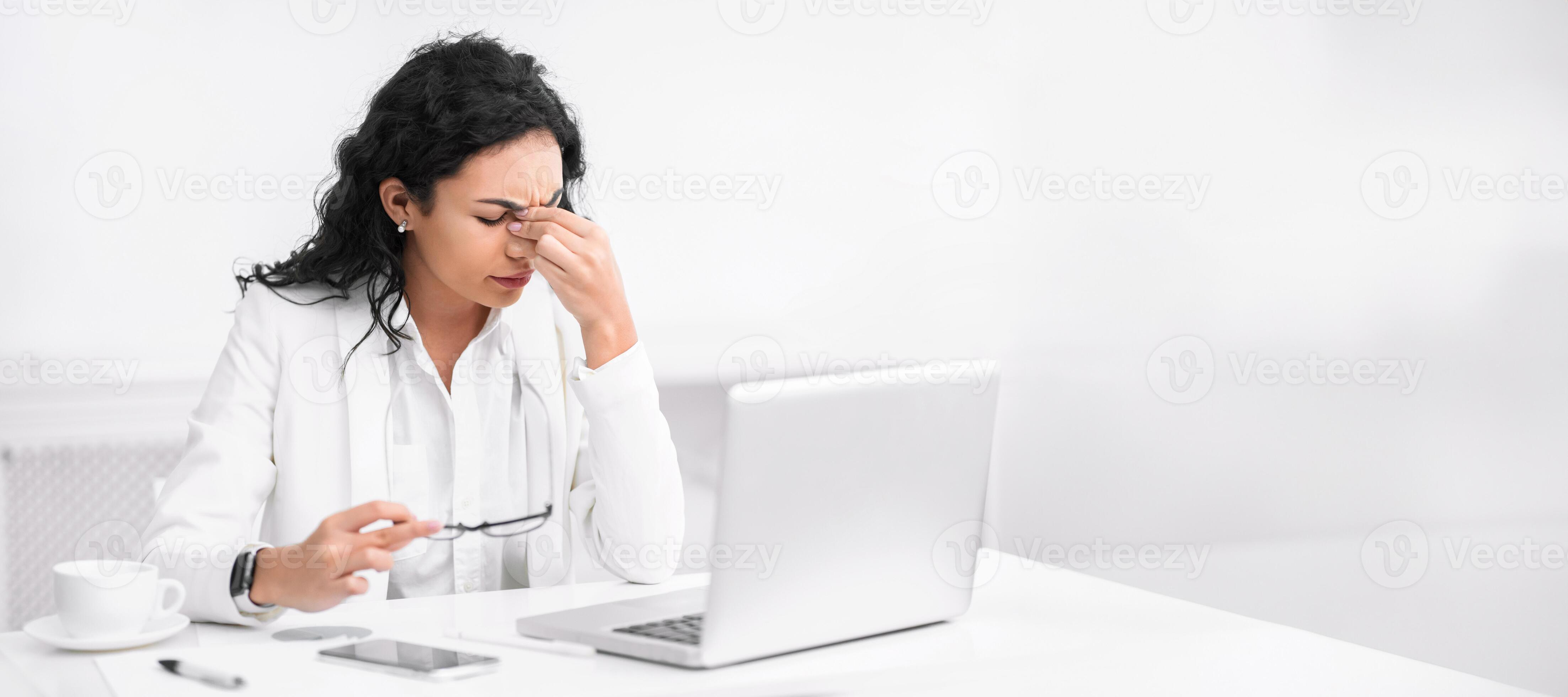 Tired Of Work. Fatigued mexican businesswoman taking off glasses ...