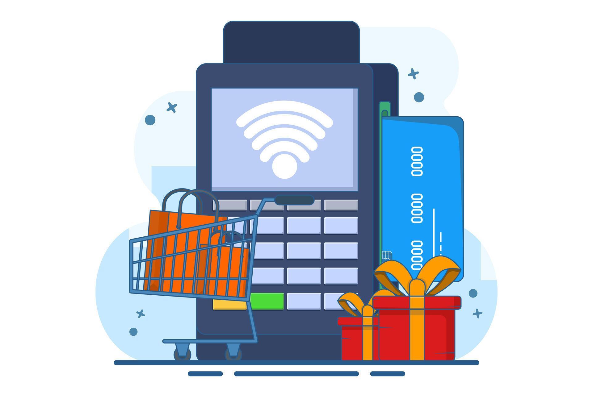Concept of terminal for contactless and wireless payment of goods, POS terminal confirming ...