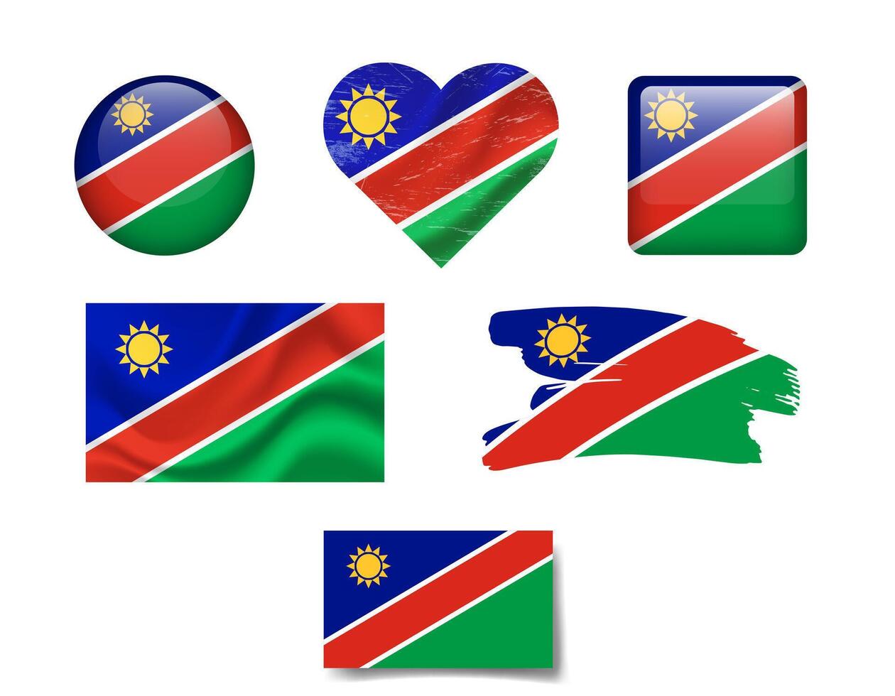 Namibia flag set of icons. flag of Namibia, symbol. Set of Namibian flags button, brush, waved ...
