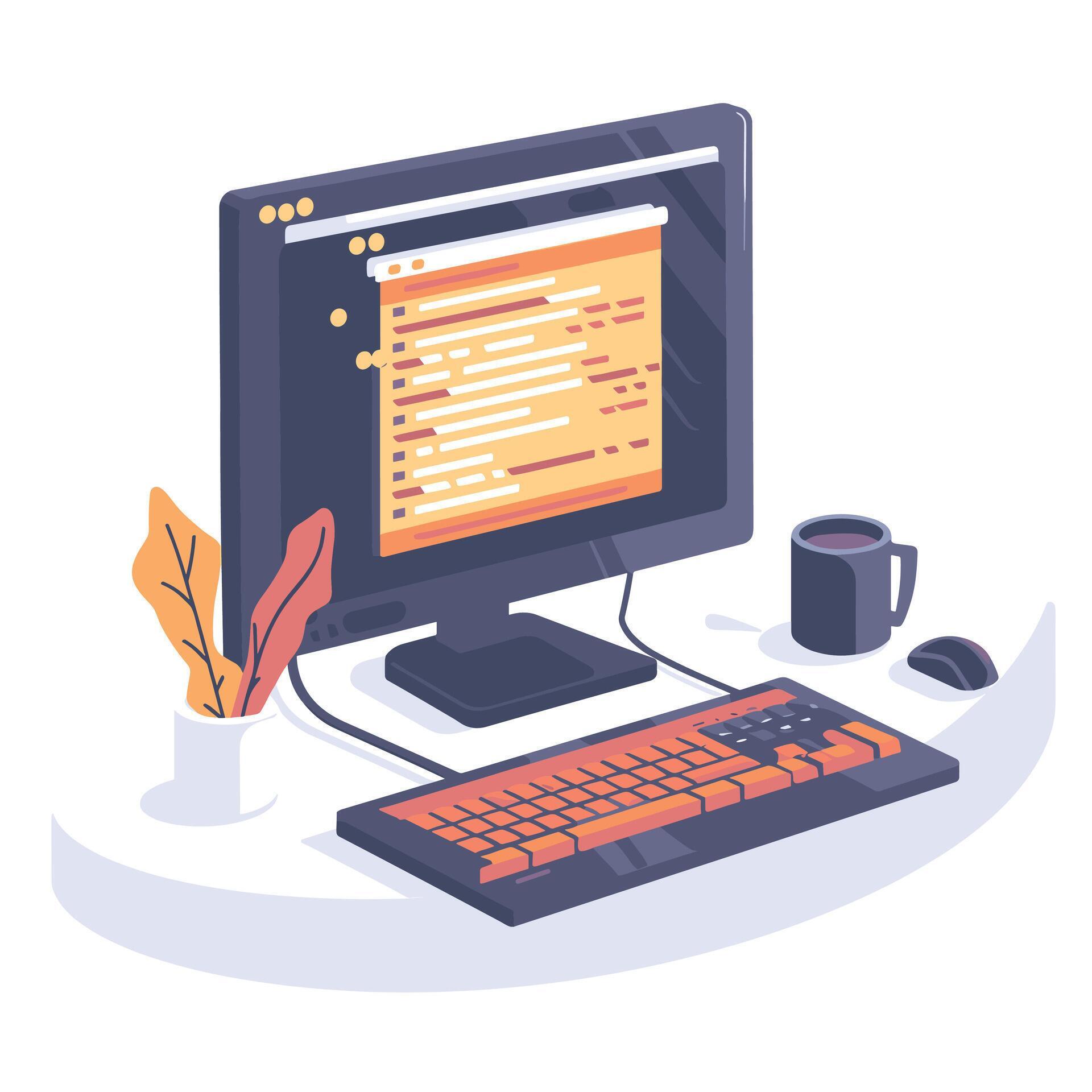 Stylized illustration of a computer workspace with coding screen ...