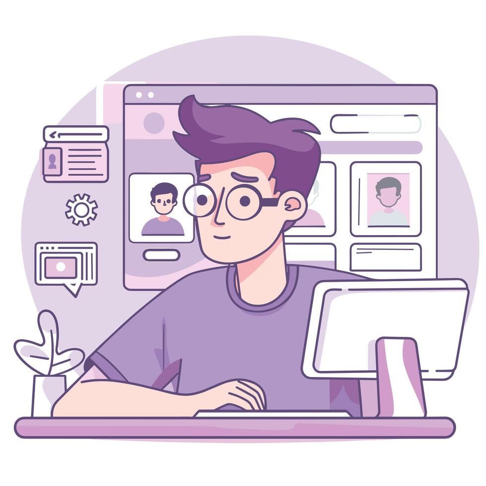 Cartoon illustration of young man using computer with social media ...