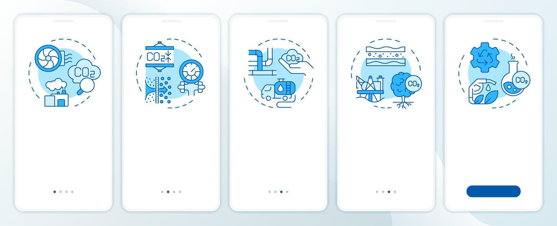 Carbon Capture Methods Blue Onboarding Mobile App Screen Walkthrough 5 Steps Editable Graphic