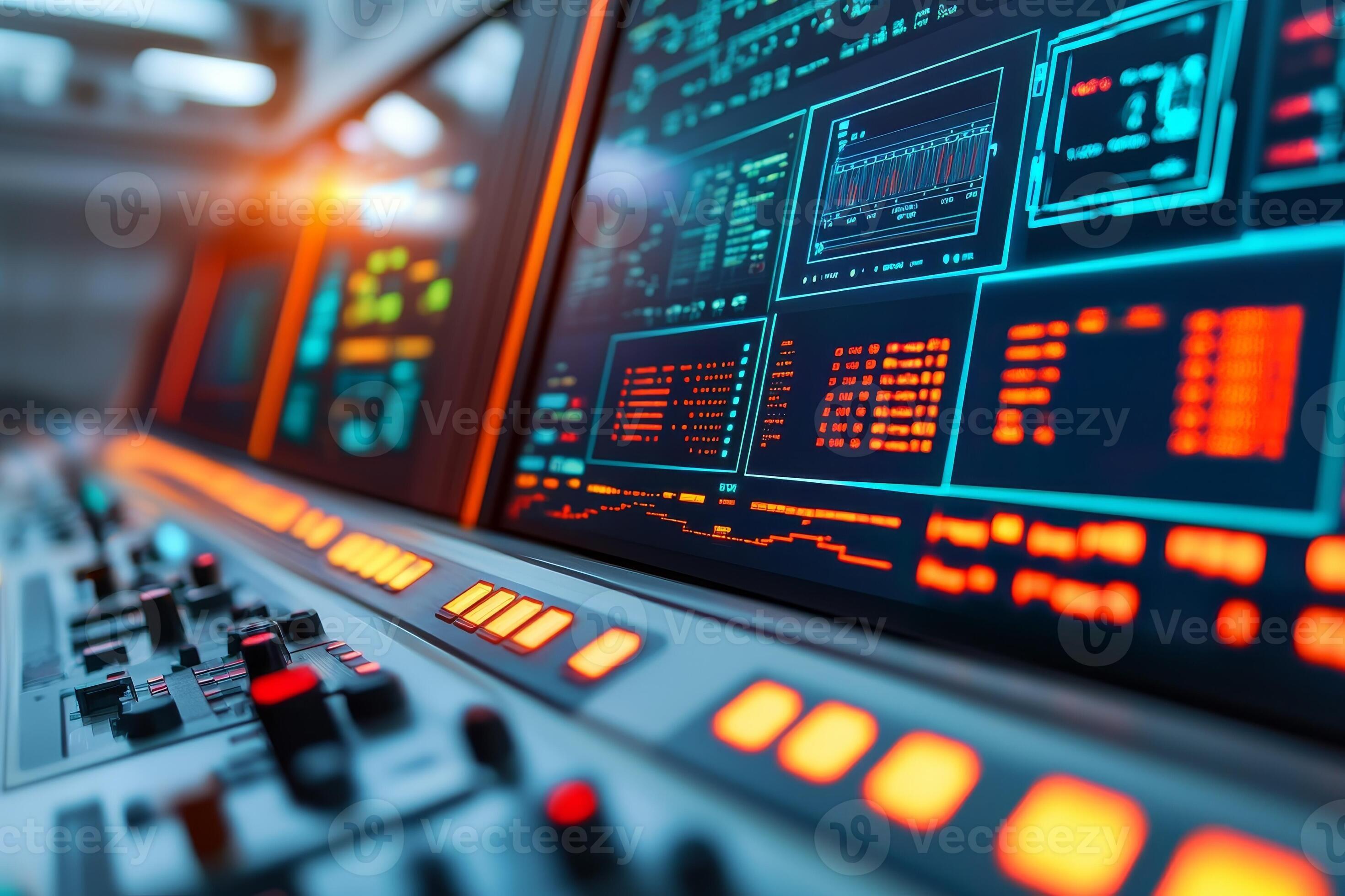 Close-up of a modern control panel with digital displays and buttons, featuring vibrant lights ...