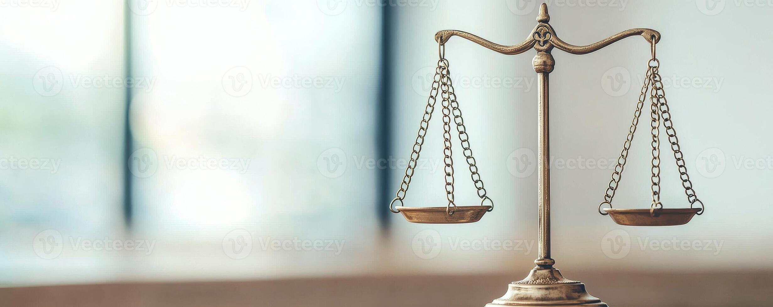 Symbol of justice, balanced scales representing law and fairness, on a wooden table with blurred ...