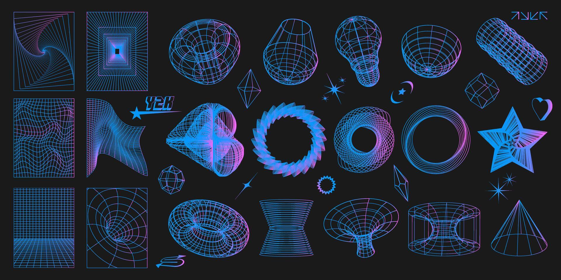 Abstract y2k geometric colorful neon shapes and 3d wireframe models on black background. Set of ...