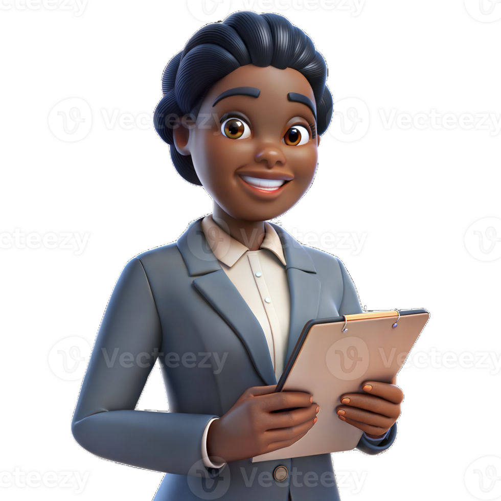 Animated 3D African-American woman in business suit, holding a ... Animated 3D African-American woman in business suit, holding a ...