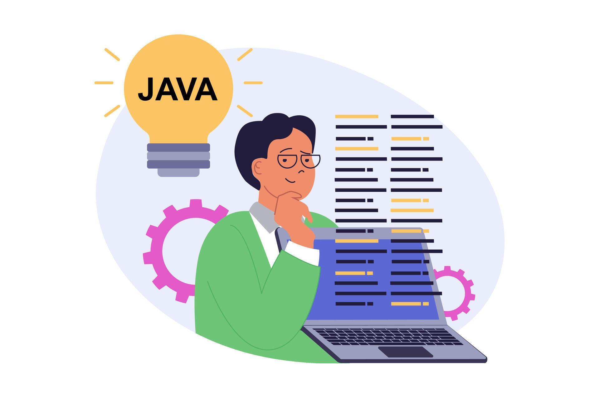 Programming Concept In Modern Flat Design For Web Man Creating Code Working With Java Computer