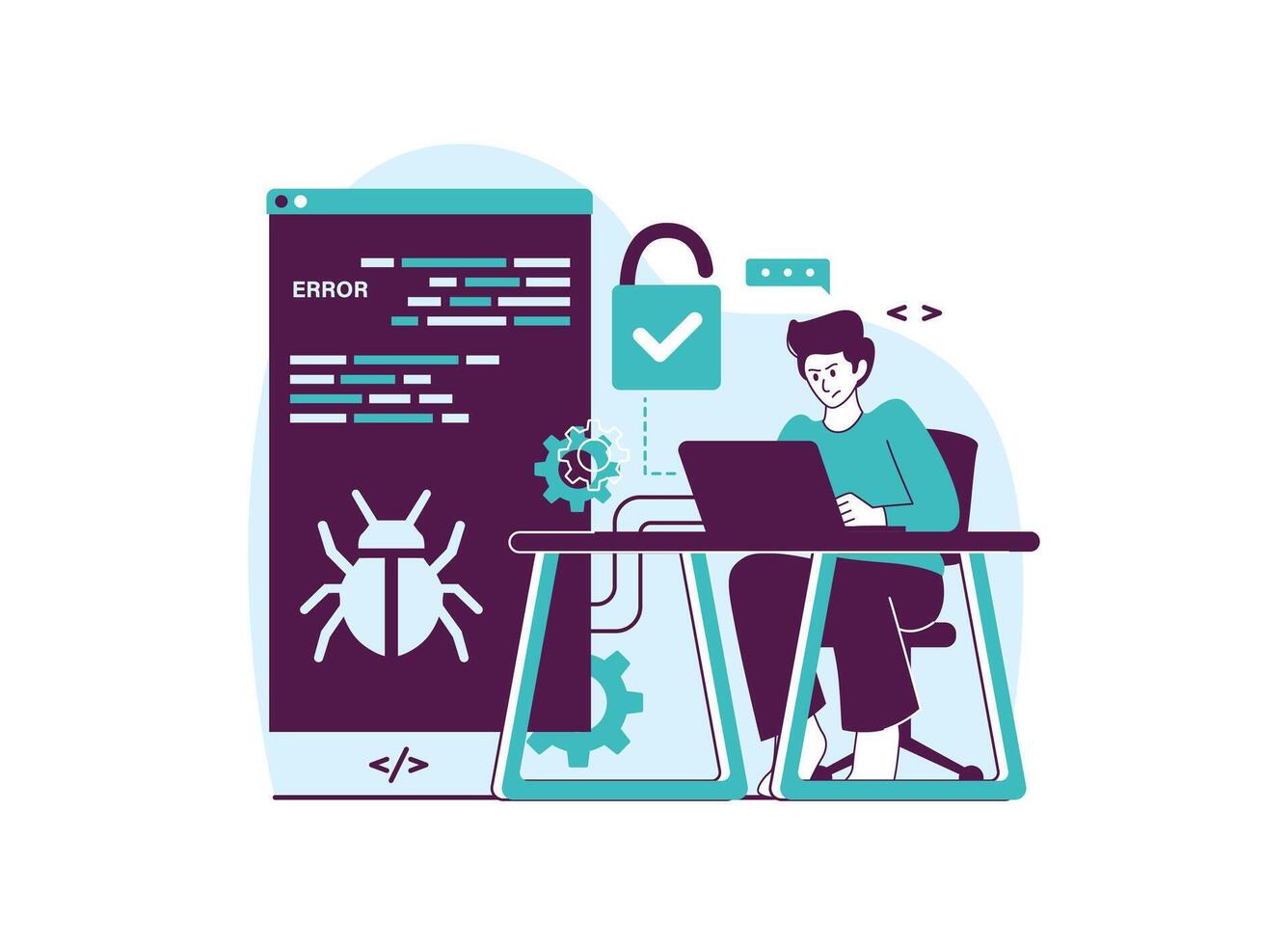 Programmer Debugging A Code Error Represented By A Bug And An Open