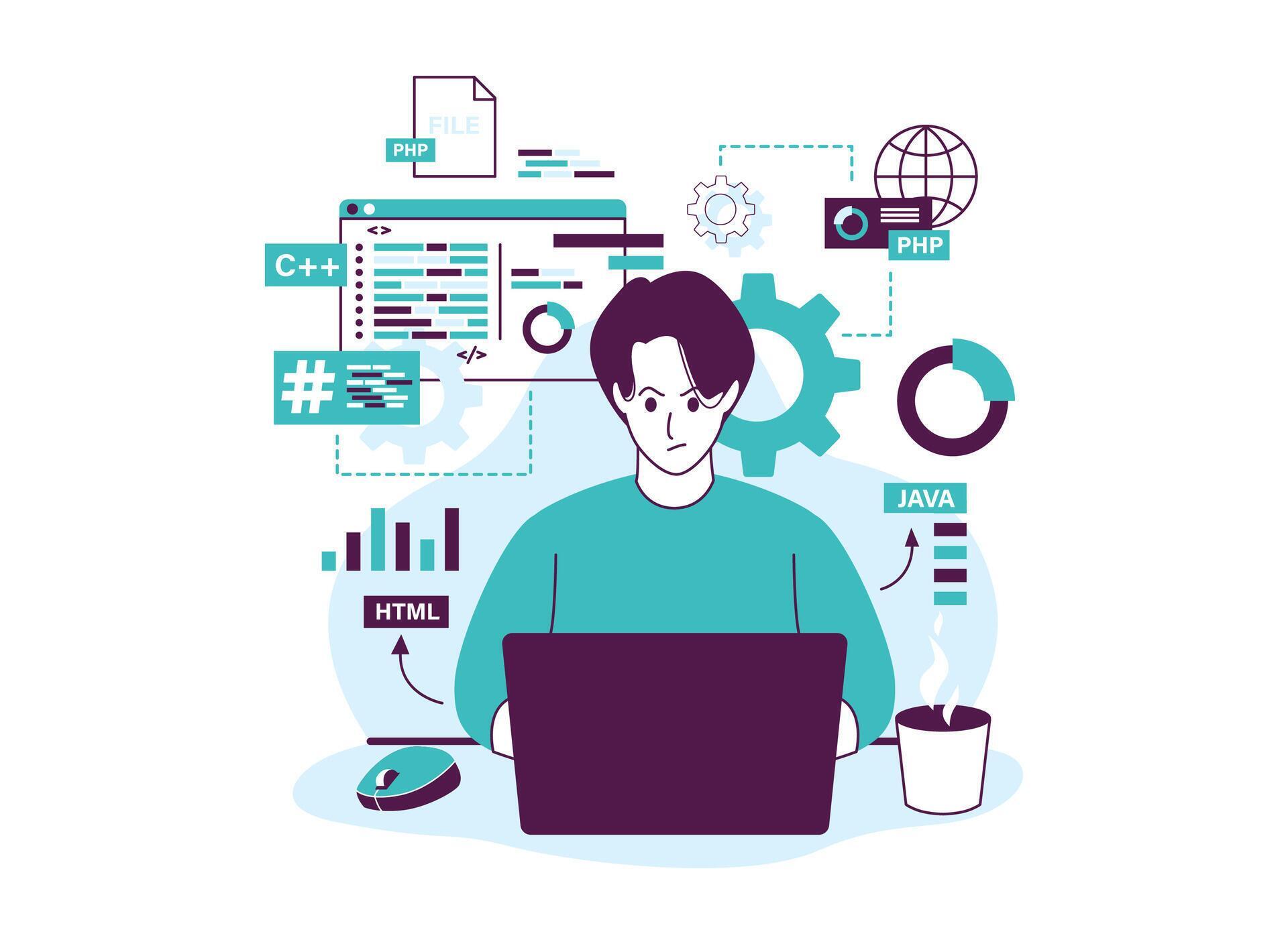 Programmer focused on coding, surrounded by various programming languages and tools. 50918473 ...