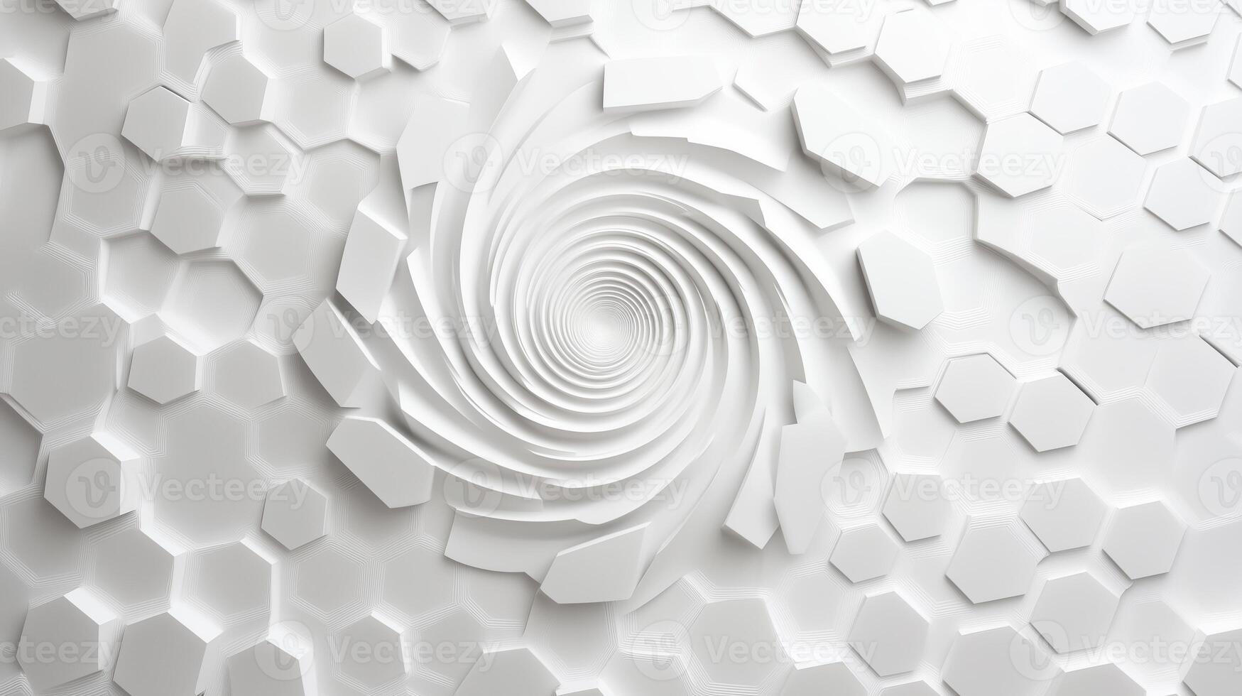 Abstract 3D rendering of a white hexagonal pattern collapsing towards the center, creating a ...