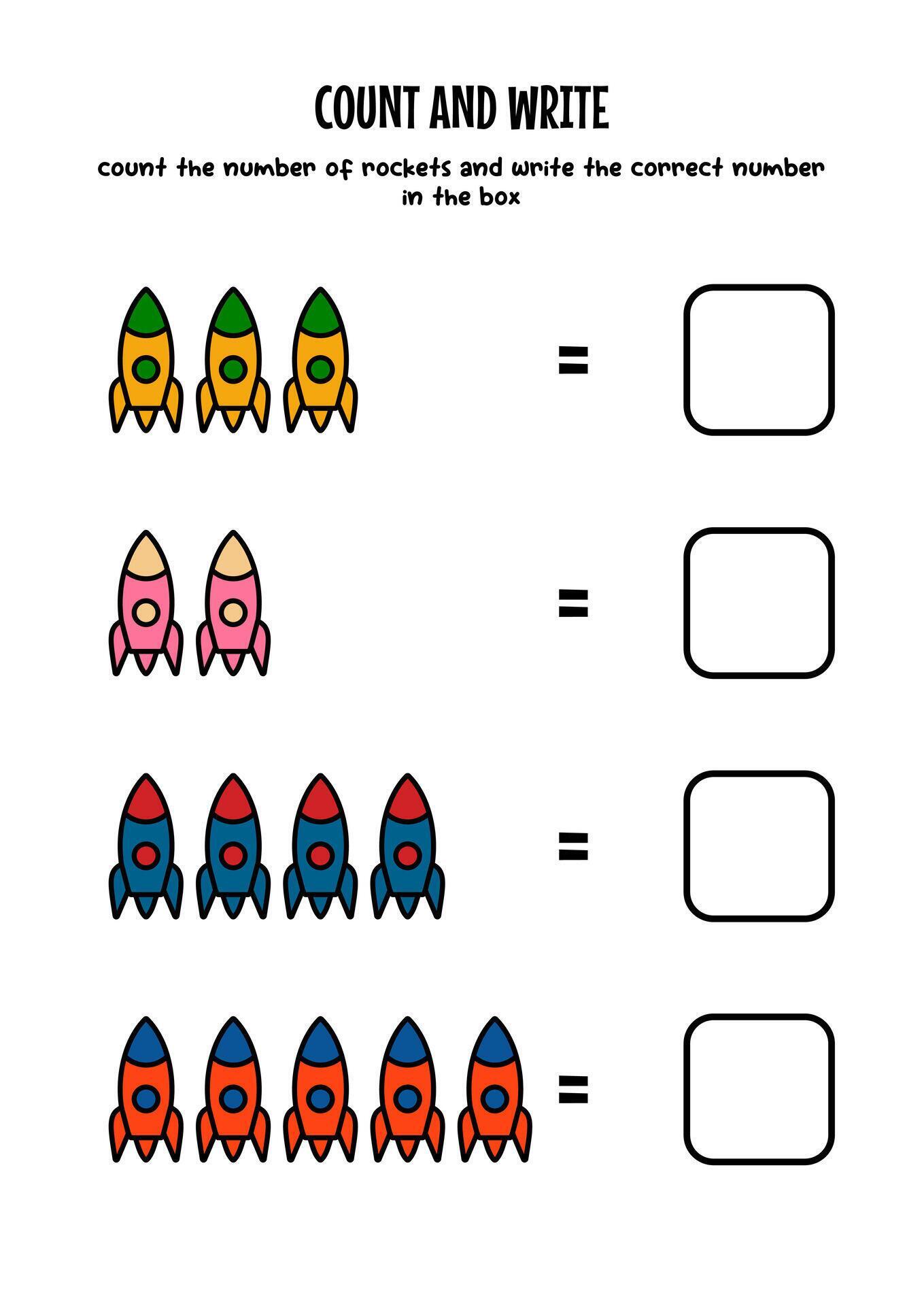 worksheet for kids, count the number of rockets, then fill in the ...