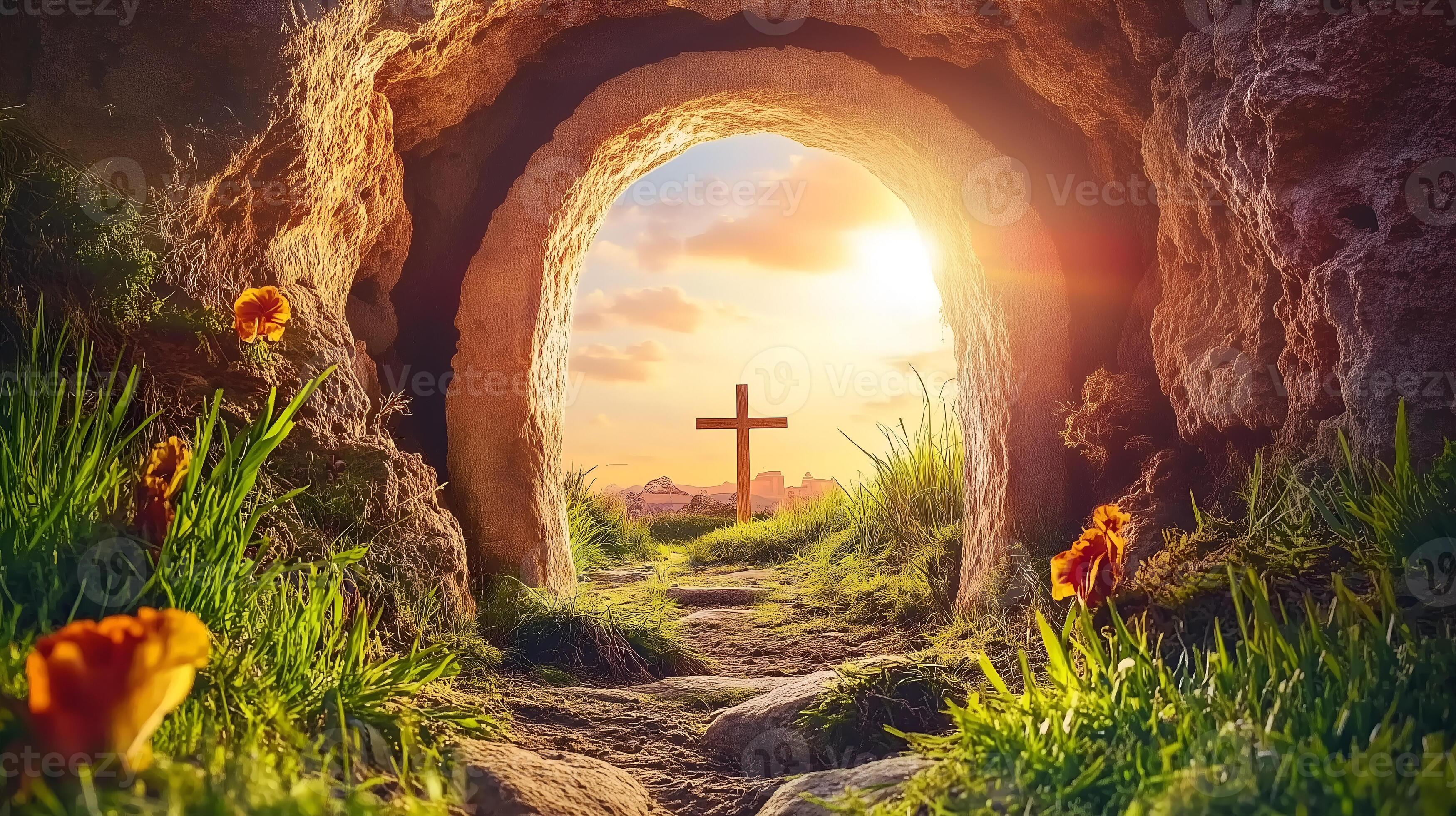 Sunrise over the empty tomb symbolizing the resurrection of Jesus Christ in a serene landscape ...