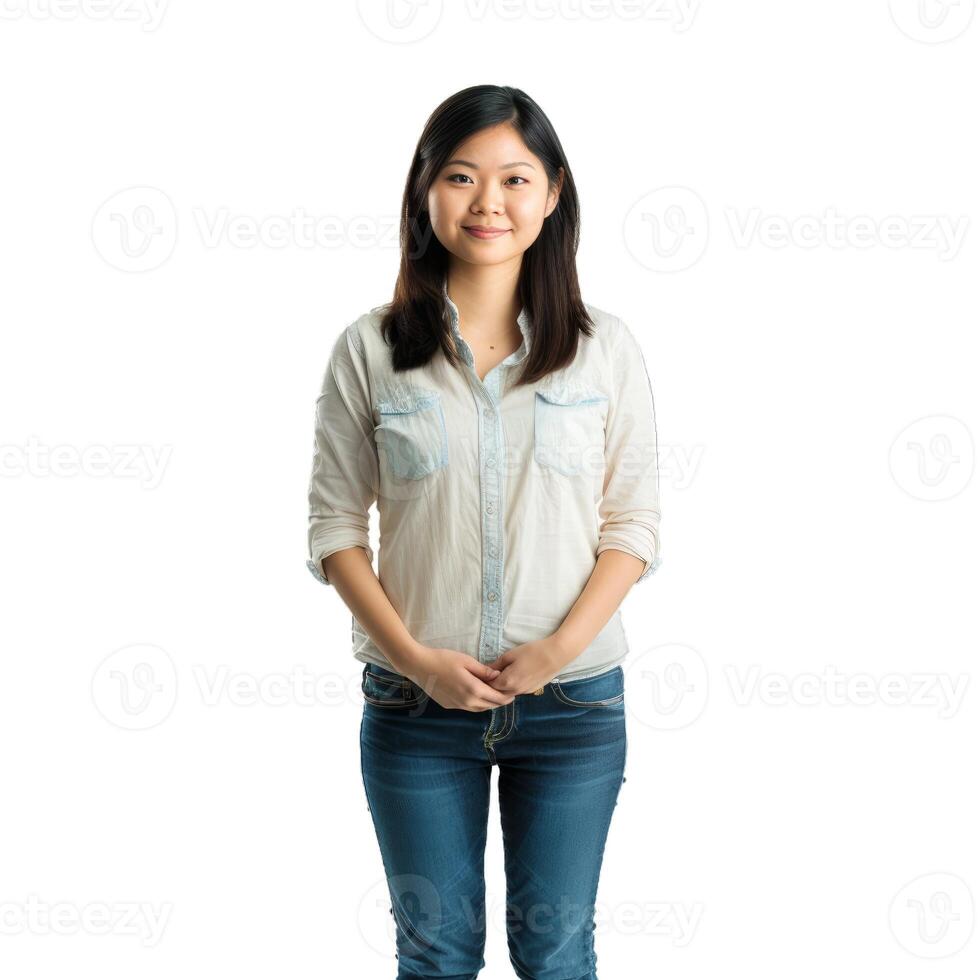 Smiling young asian woman standing with transparent background 50957550 ...