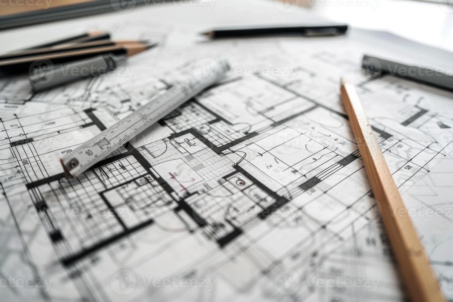 Architect desk showing blueprints of floor plan design for building ...