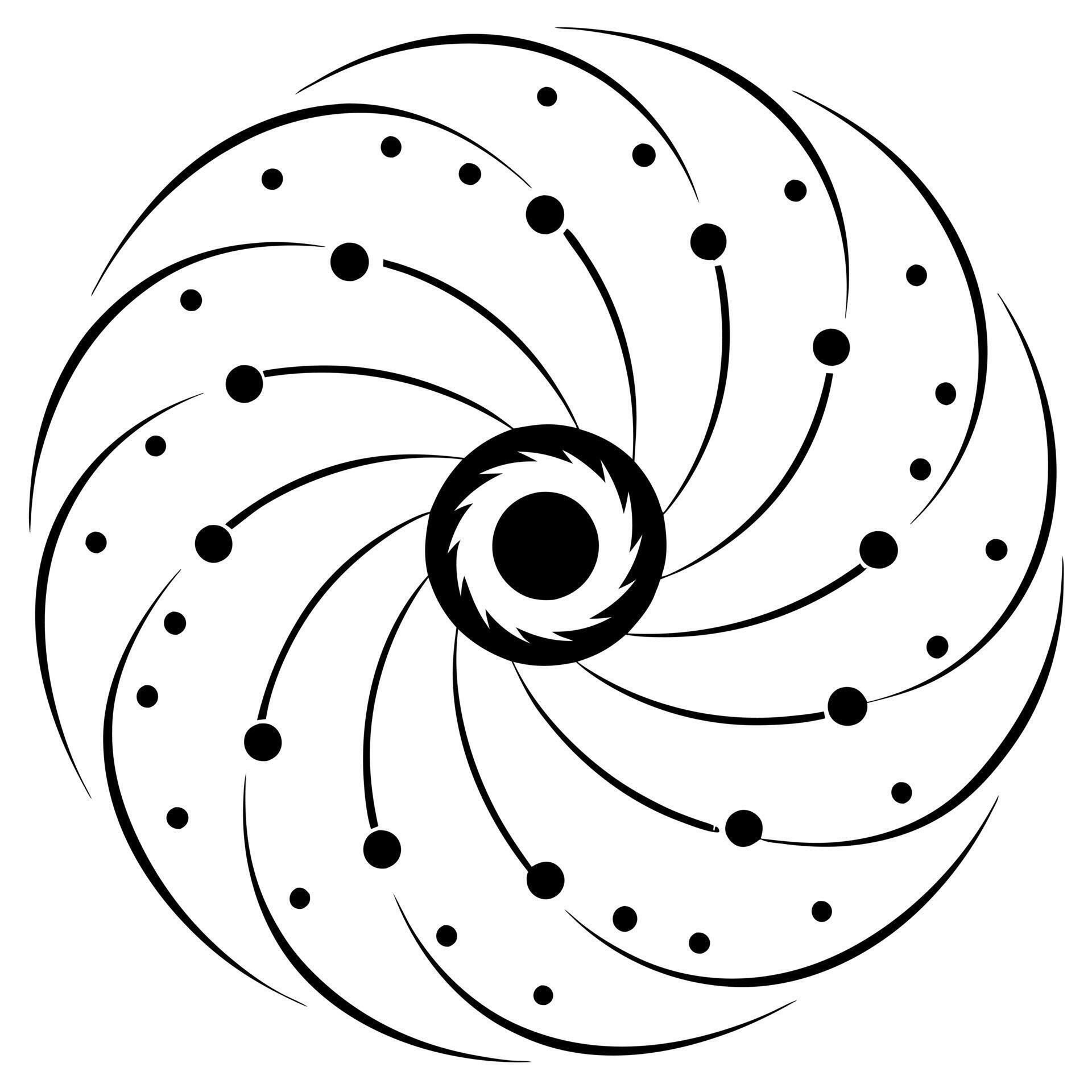 a circular design of black dots forms a spiral pattern on a white ...