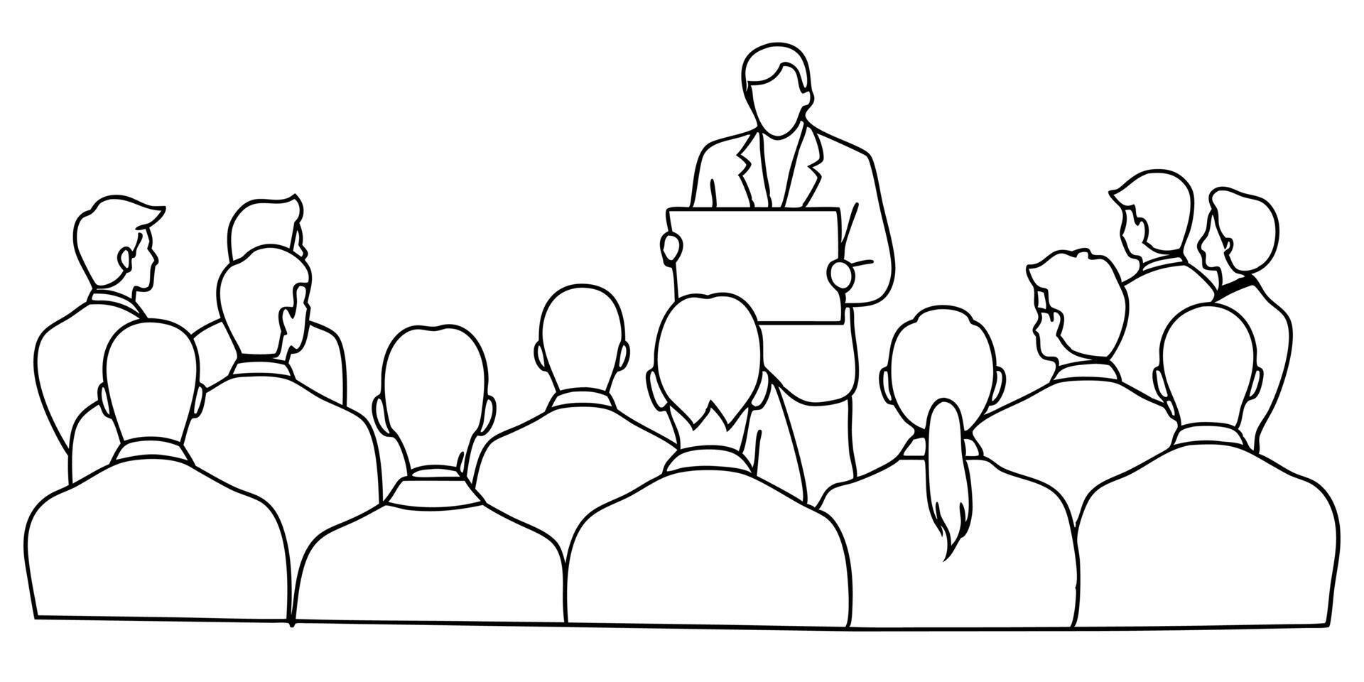 continuous single line drawing of keynote speaker and audience at ... continuous single line drawing of keynote speaker and audience at ...