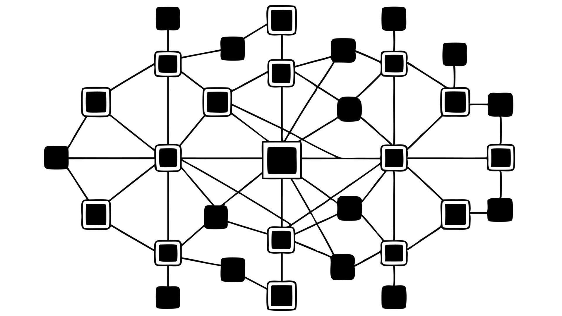 a complex black and white flow chart, white background, a starting node in the centre skew to ...