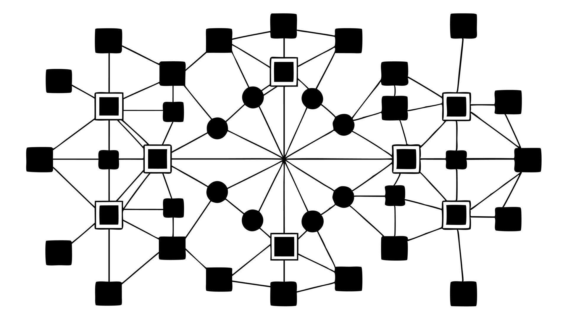 a complex black and white flow chart, white background, a starting node in the centre skew to ...