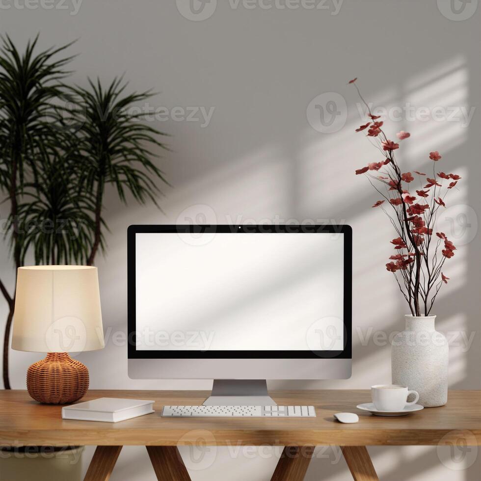 Home Office with Desktop Computer and Natural Elements - Productive Workspace 3D rendering ...