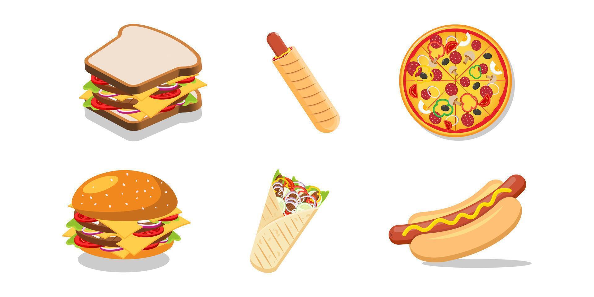 Fast food icons set. Cartoon style food items sandwich hamburger hot ... Fast food icons set. Cartoon style food items sandwich hamburger hot ...
