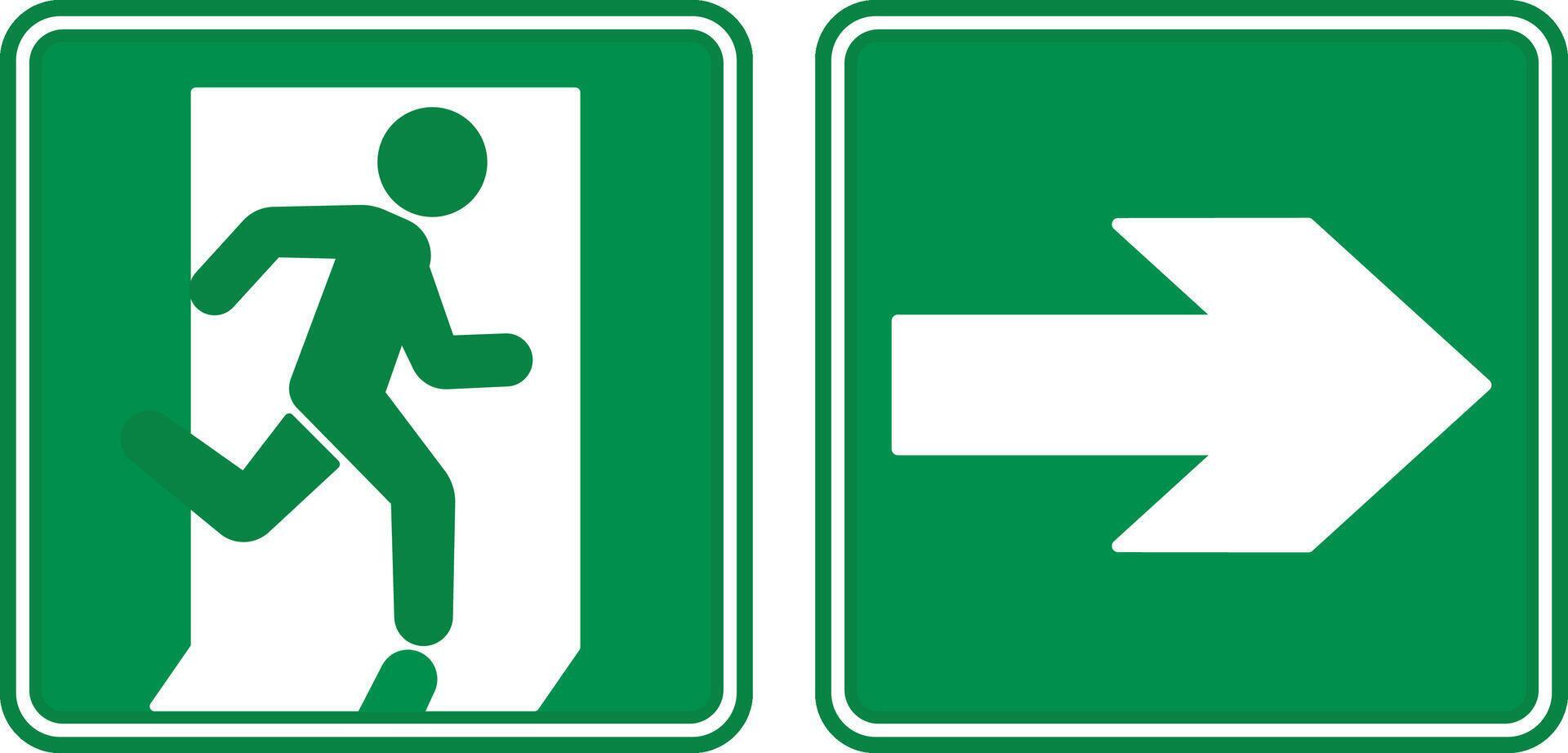 Green Sign Emergency Exit Pointing Right. Warning Sign. Man Running Towards Door. Emergency ...